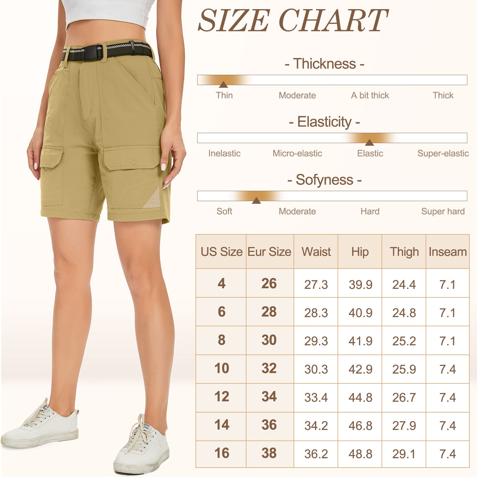 Jessie Kidden Womens Stretch Cargo Hiking Shorts Quick Dry Elastic Waist 7" Casual Shorts for Women Khaki