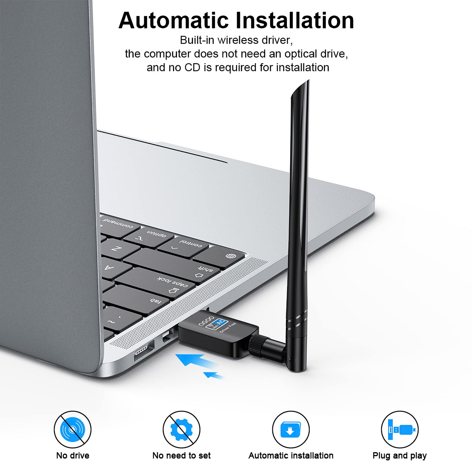 QGOO WiFi Adapter ac600Mbps,Wireless USB Adapter 2.4GHz/5GHz Dual Band 802.11 ac Network LAN Card for Desktop Laptop PC Support Windows 11/10/8.1/8/7/XP/Vista/Mac OS10.9-10.15 (Without Drive)
