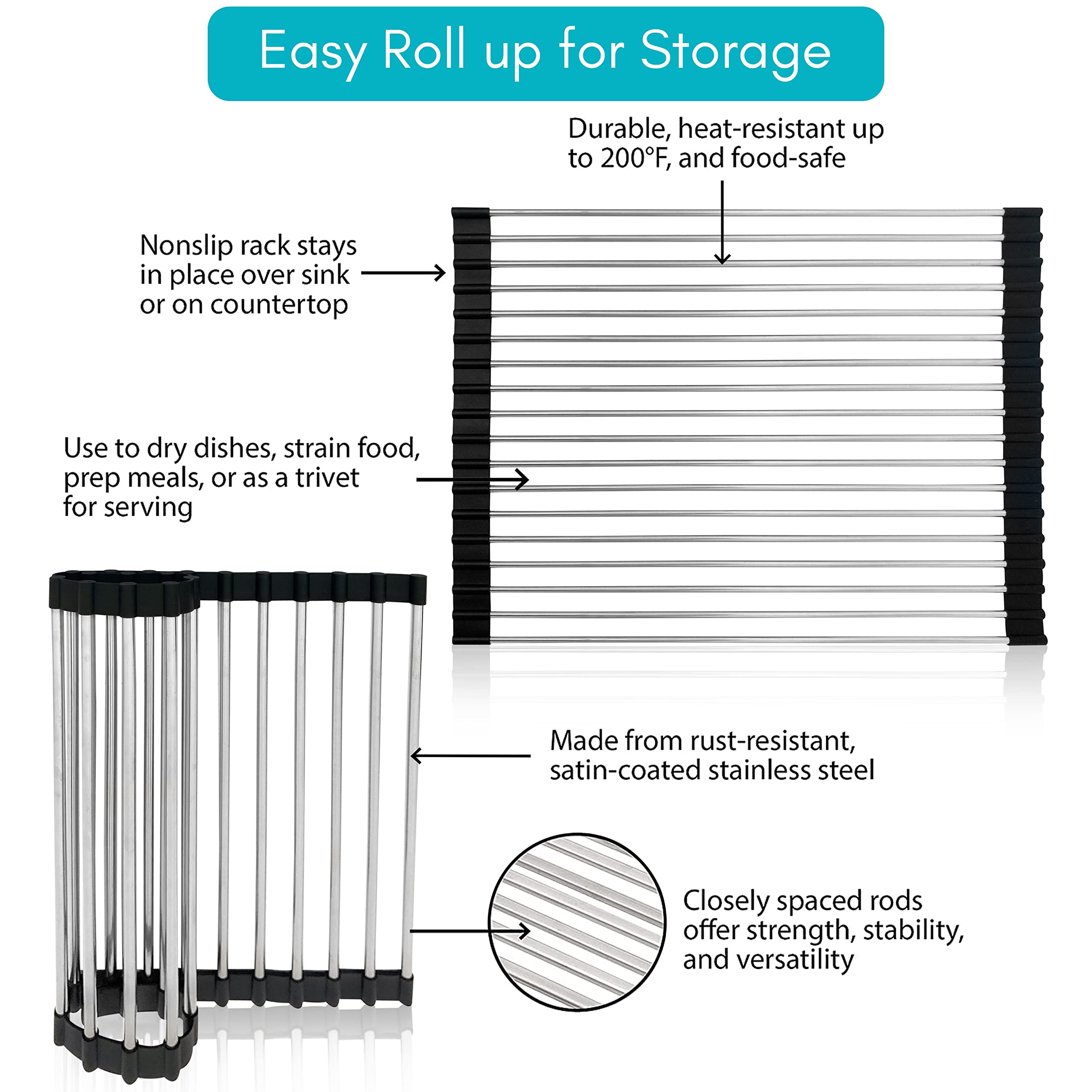 MK3 roll up Dish Drying Rack for Kitchen Counter , with Sponge Holder for Kitchen Sink Caddy Organizer Telescopic Storage Black