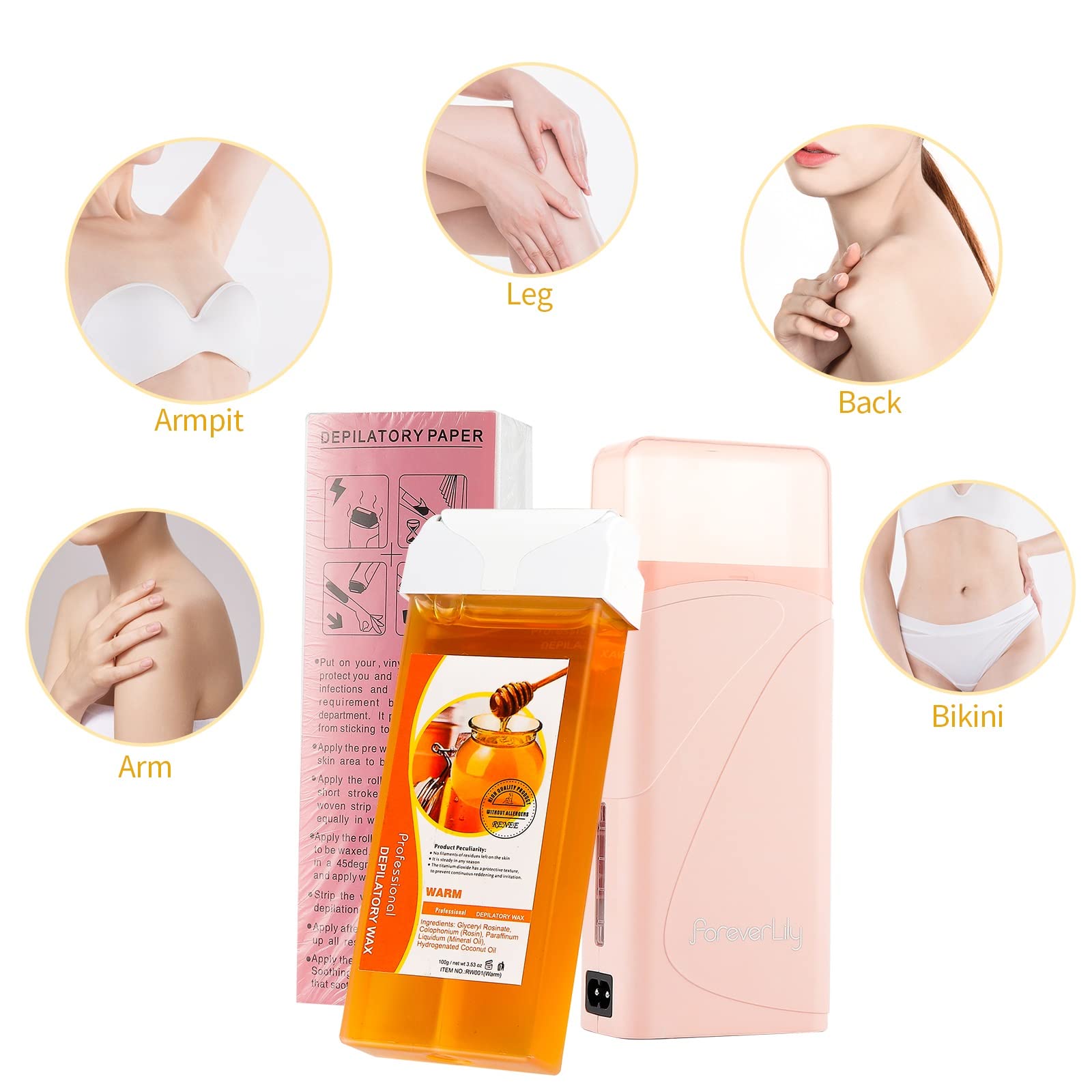 Roll on Wax Kit for Hair Removal, Wax Roller Kit with Wax Warmer Machine/Honey Roller Wax Cartridge/100Pcs Wax Strips, Roll on Wax Warmer kit Men Women, foreverLily