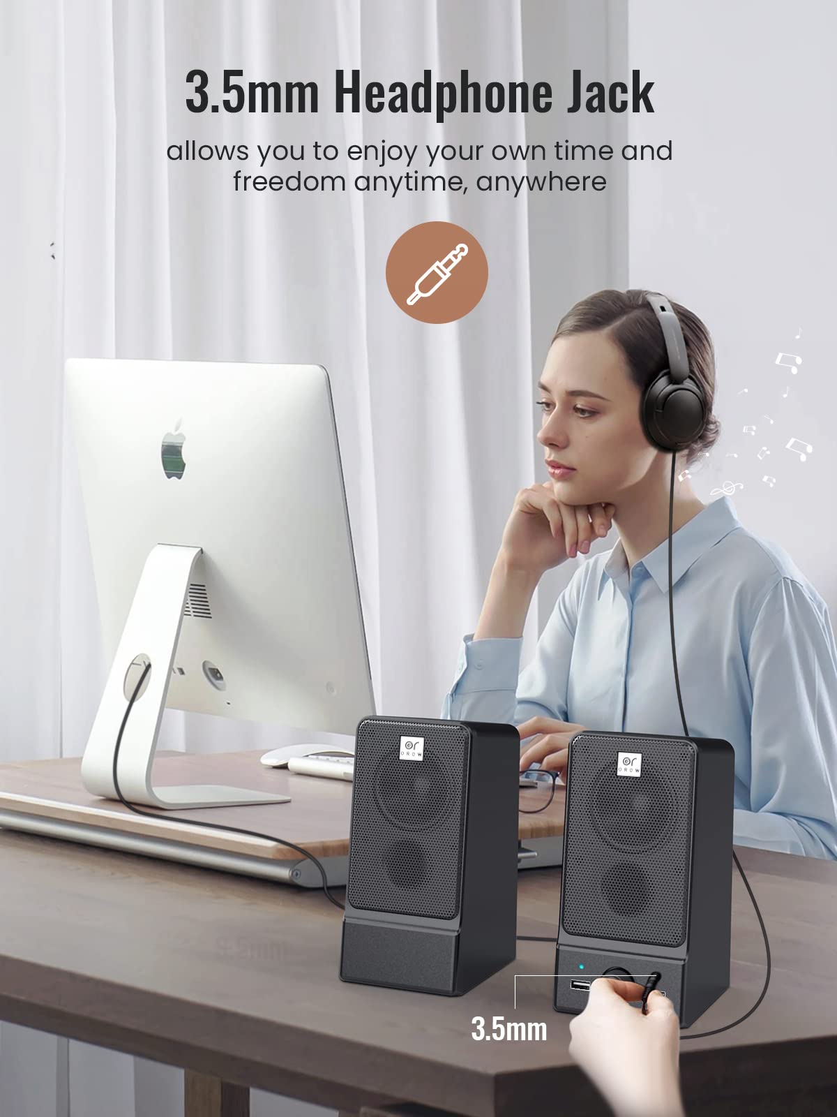 OROW USB Computer Speakers,Hi-Fi Stereo External Speakers for PC,16W Desktop Speaker,Built-in DSP Sound Chip, Deep Bass&Pure Vocal,Laptop Speakers with Headphone Jack(S203)
