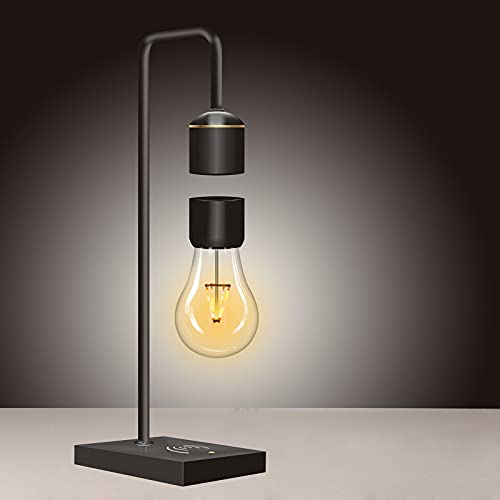 MODIRNATION Unique Modern Levitating Lamp with Floating Light Bulb and Built-in Qi Wireless Charger, Simplistic and Innovative Design, Warm Decorative Night Light (Black)
