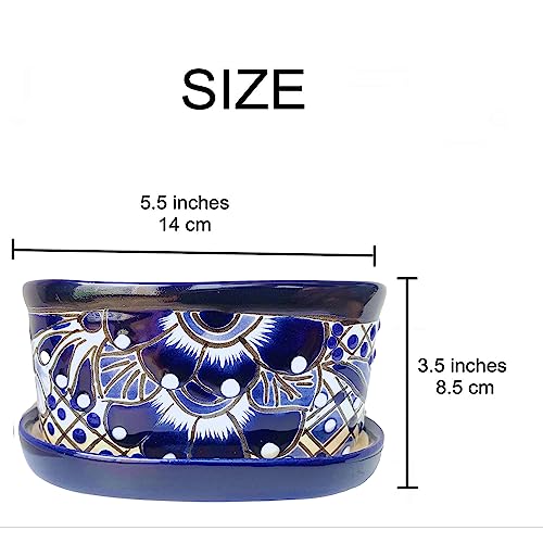 Small Ceramic Pot - Flower Planter with Drainage for Cactus Bonsai Succulents Blue and White Ceramic Pot - Desk Size - Maceta Ceramica Maceta Azul Blanco
