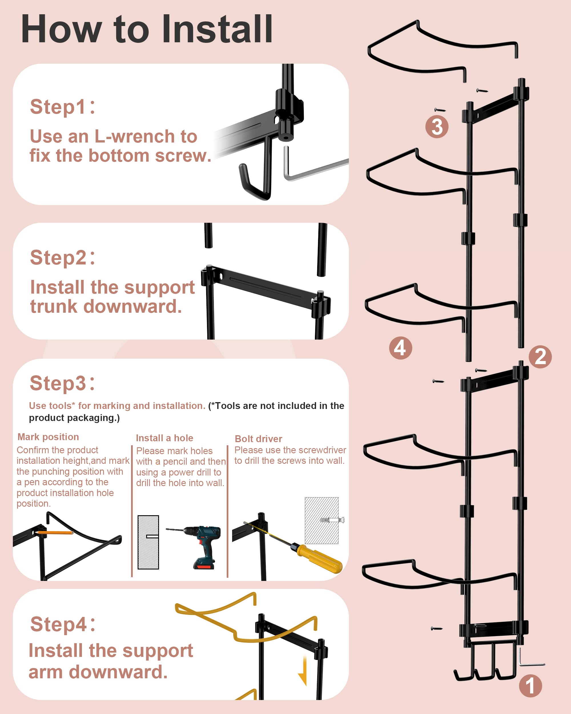 Meykwod Yoga Mat Holder Wall Mount, 5 Sectional Yoga Mat Storage Rack, with 3 Hooks for Hanging Yoga Strap, Resistance Bands