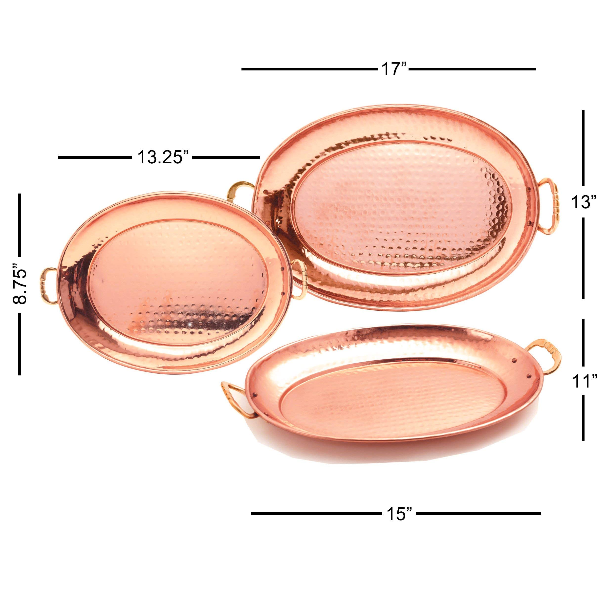 Old Dutch Hammered Copper Oval Trays with Cast Brass Handles, 17" x 13"/15" x 11"/131/4" x 83/4", Set of 3