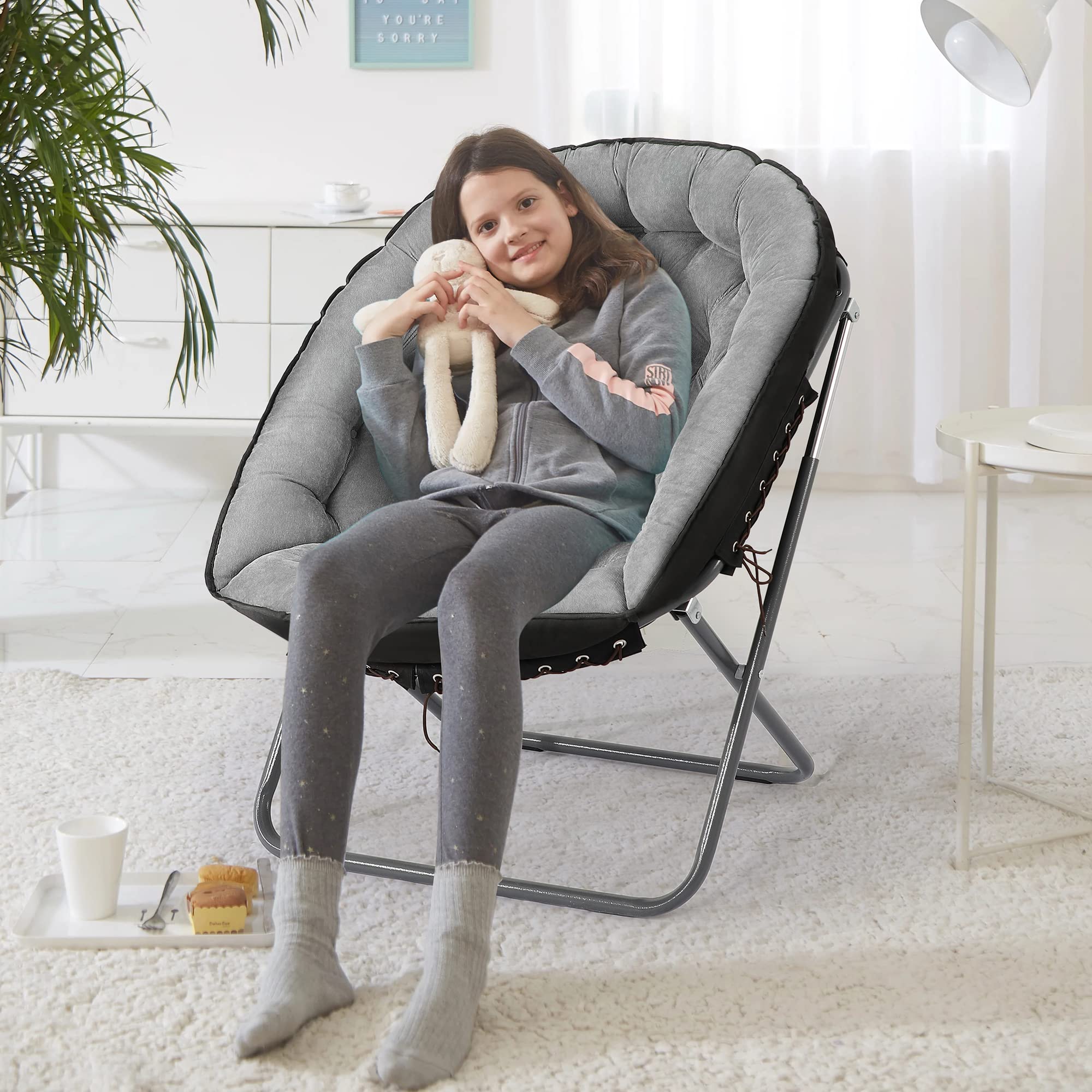 iw I WISH Saucer Chair for Adults,Folding Saucer Chair,Oversized Saucer Chair,Comfy Foldable Chair for Bedroom,Moon Chair,300 lbs (Grey)