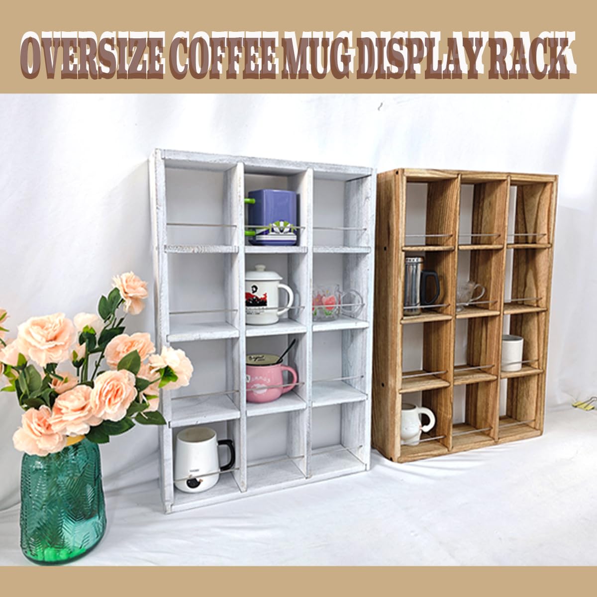YIYUESHIJIU Wall Mounted Coffee Mug Display Rack, 17x25 Large Wooden Display Shelves Cup Holder Shadow Box Shelf Rustic Mug Rack Shot Glasses Display Case with 12 Compartment (Carbon)