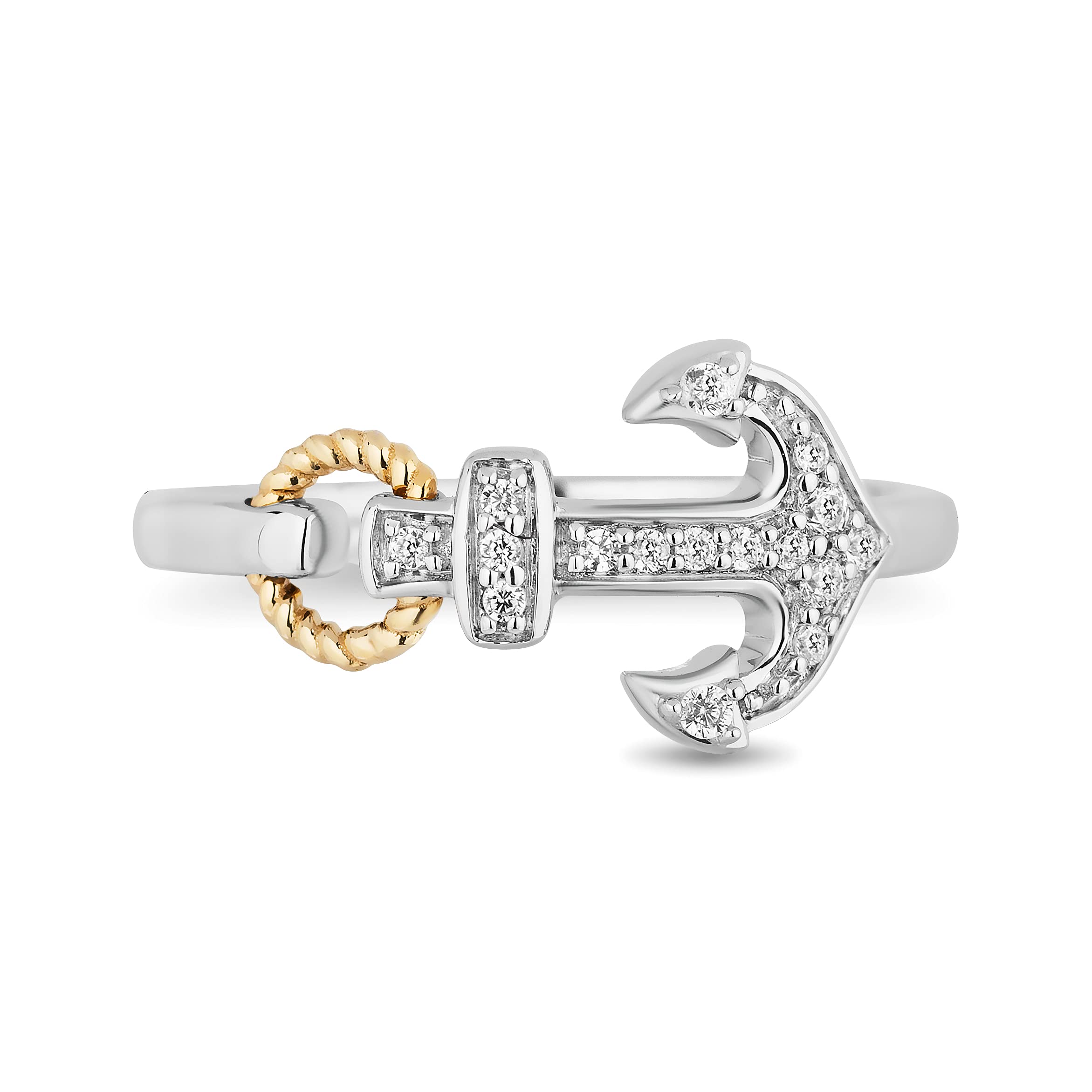 Jewelili Hallmark Fine Jewelry Sterling Silver and 14K Yellow Gold 1/8 Cttw Natural White Round Diamond Anchor Ring, Size 8