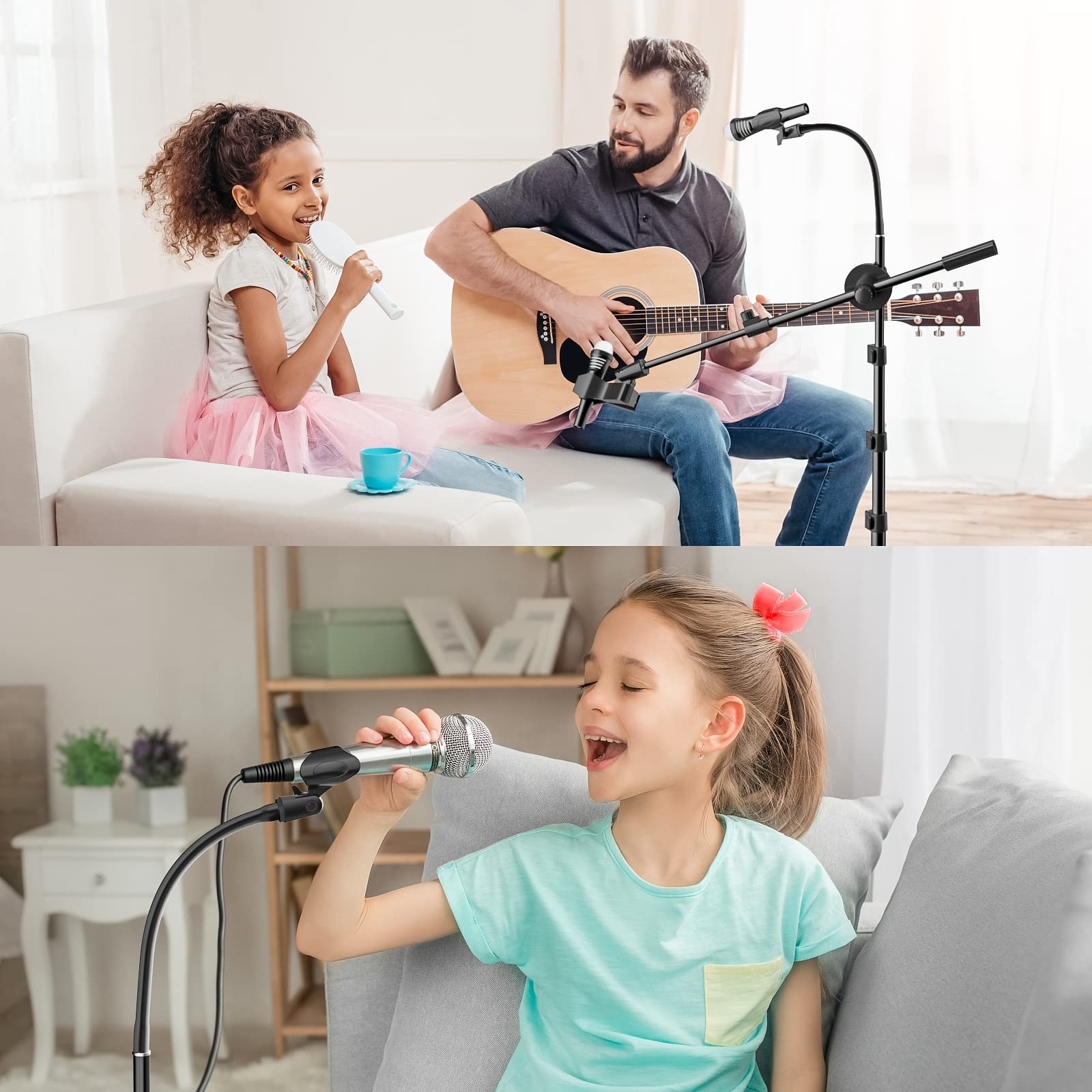 Microphone Tripod Stand, KDD Gooseneck Mic Boom Arm Stand Height Adjustable 30" - 80" with Two Mic Clips, Two Mic Arms and 3/8" to 5/8" Adapter for Singing, Stage, Blue Yeti Snowball, Most Mics