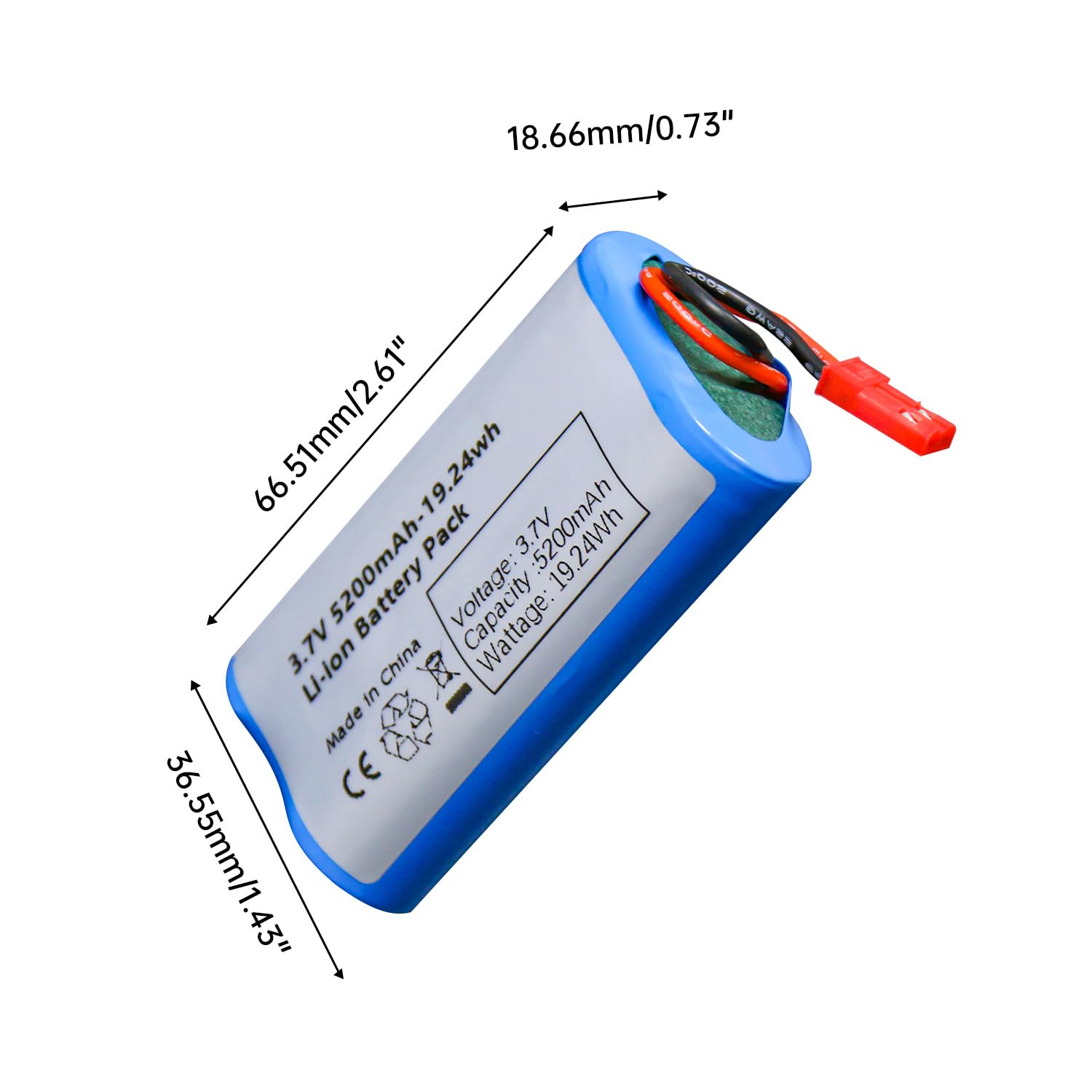 Qimoo 3.7V 5200mah Rechargeable Battery Pack Lithium Ion Batteries with JST-2P Connector for DIY Electronics Products, Toys, Lighting, Bluetooth Equipment…