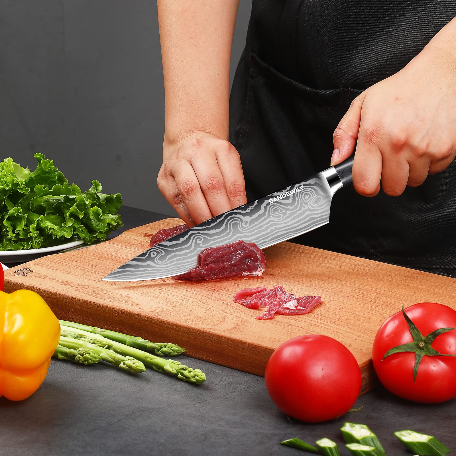 SANDEWILY 3 Piece Japanese Ultra Sharp Kitchen Chef Knife Set Pro German High Carbon Stainless Steel(7CR17MOV) with Sheaths & Gift Box Black Handle