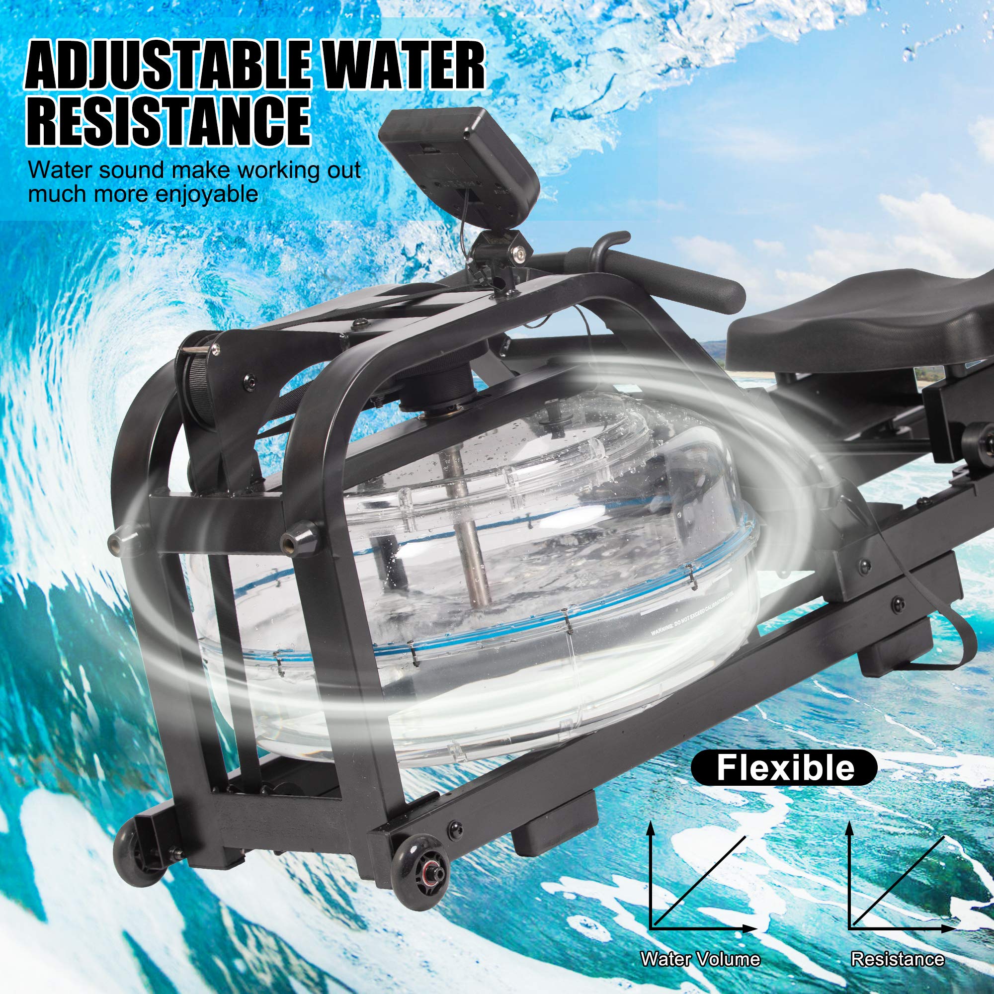 LONABR Water Rowing Machine Steel Frame Water Rower with Digital Monitor Adjustable Resistance Home Gyms Training Fitness Equipment 330lbs Weight Capacity