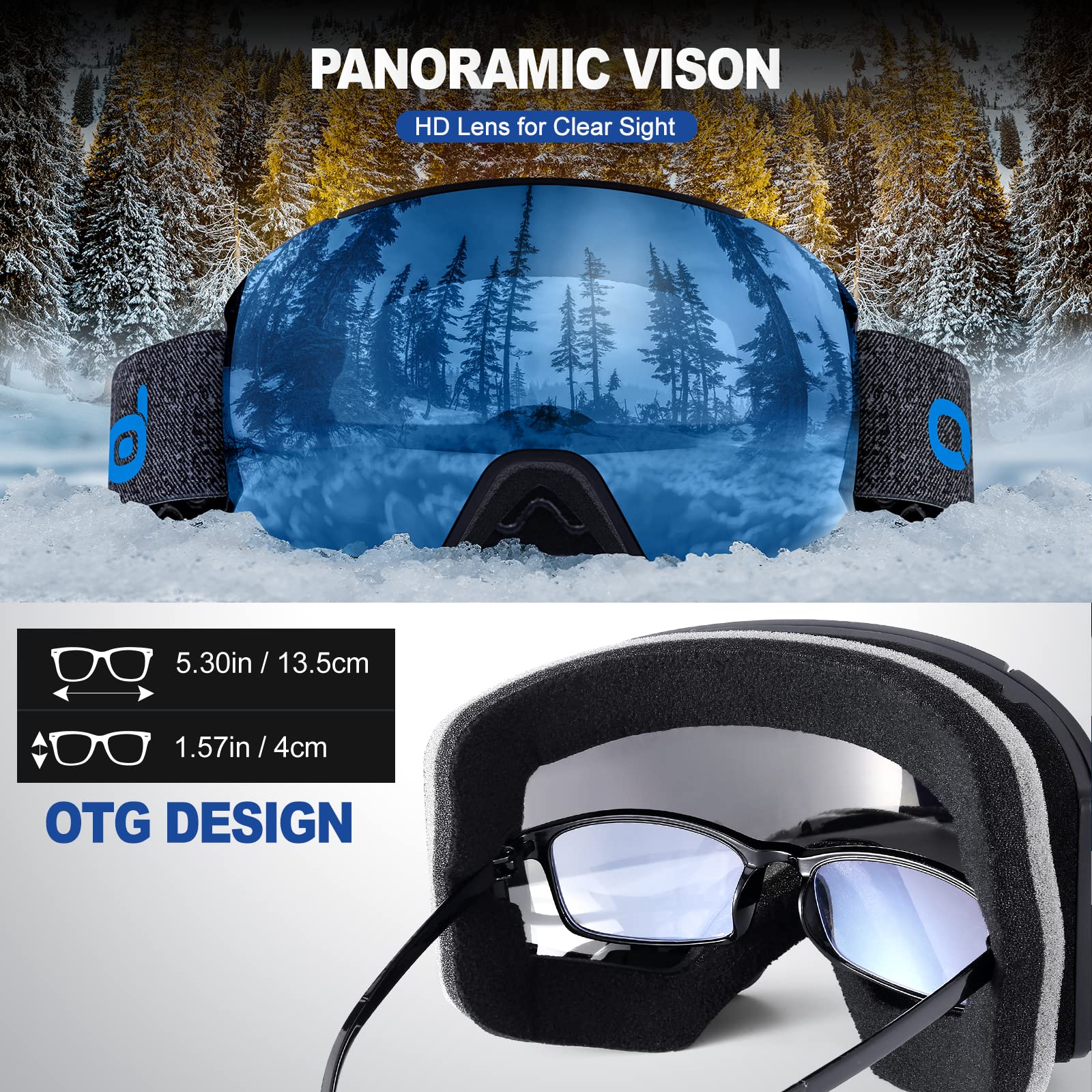 Odoland Bundle - 2 Items 4-in-1 Snowshoes with Trekking Poles, Blue, S and Magnetic Interchangeable Ski Goggles Set with 2 Lens, Dull Black Frame Blue Lens vlt 35%