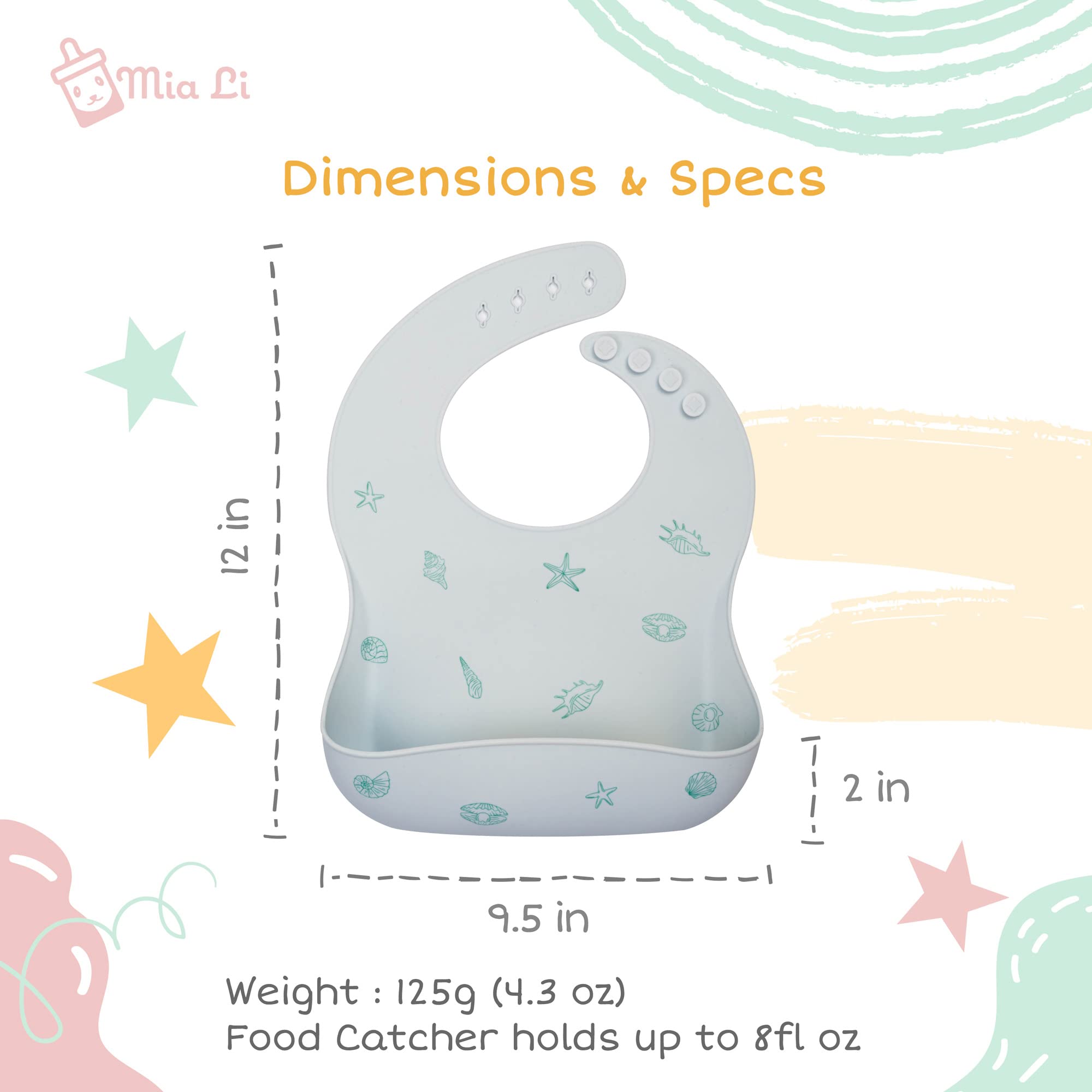 Mia Li Silicone Bibs – 3pcs Waterproof Silicone Bib Set – Silicone Baby Bibs for Girls and Boys - Baby Bib Pocket with Adjustable Closure – Non-Messy Toddler Bib (Seashells - Cloud, Sage & Stone)