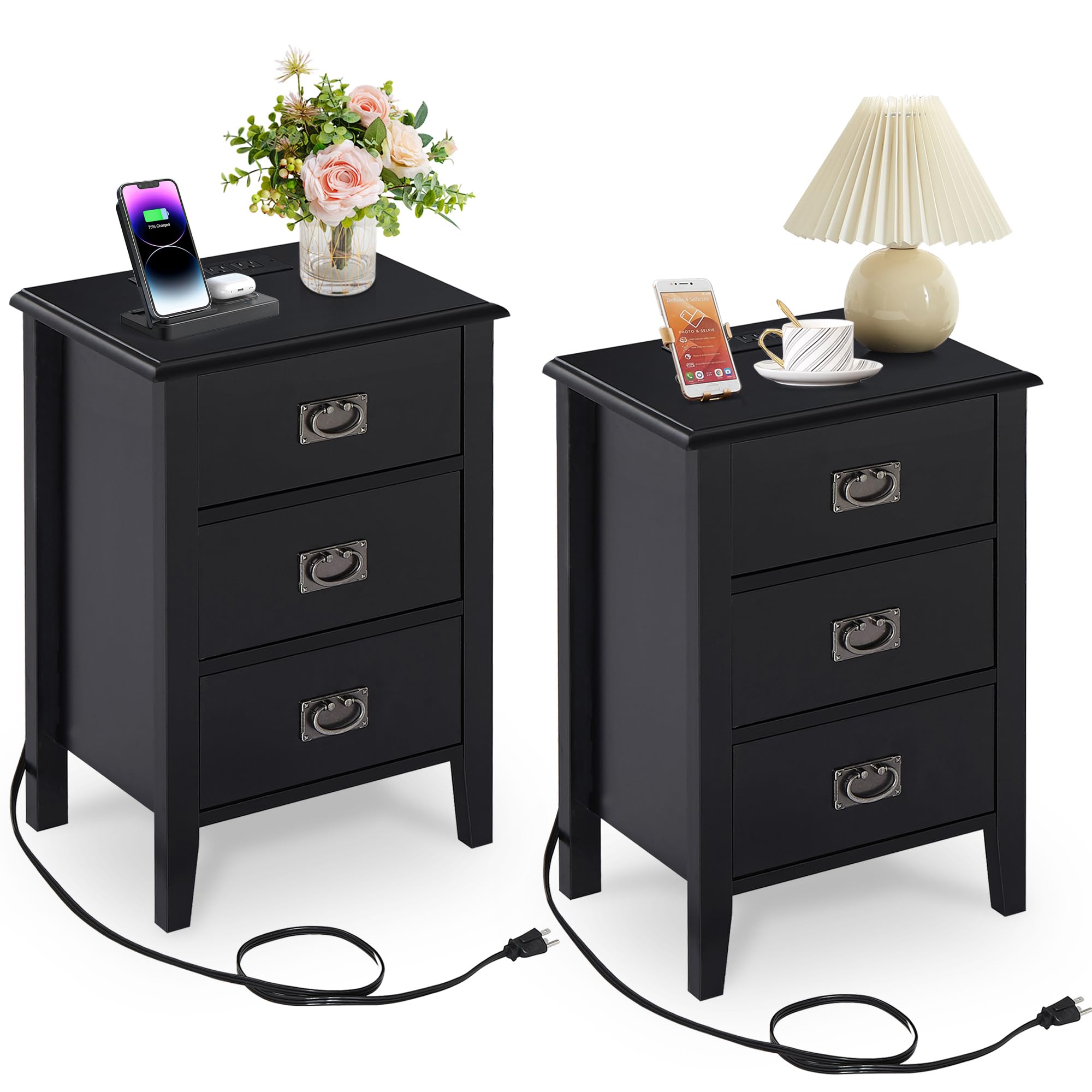 VECELO Nightstand Set of 2 with Storage Drawer and Open Shelf, Vintage Solid Wood Bedside End Tables for Bedroom, Living Room, Small Space, Two Drawers, Brunette Brown