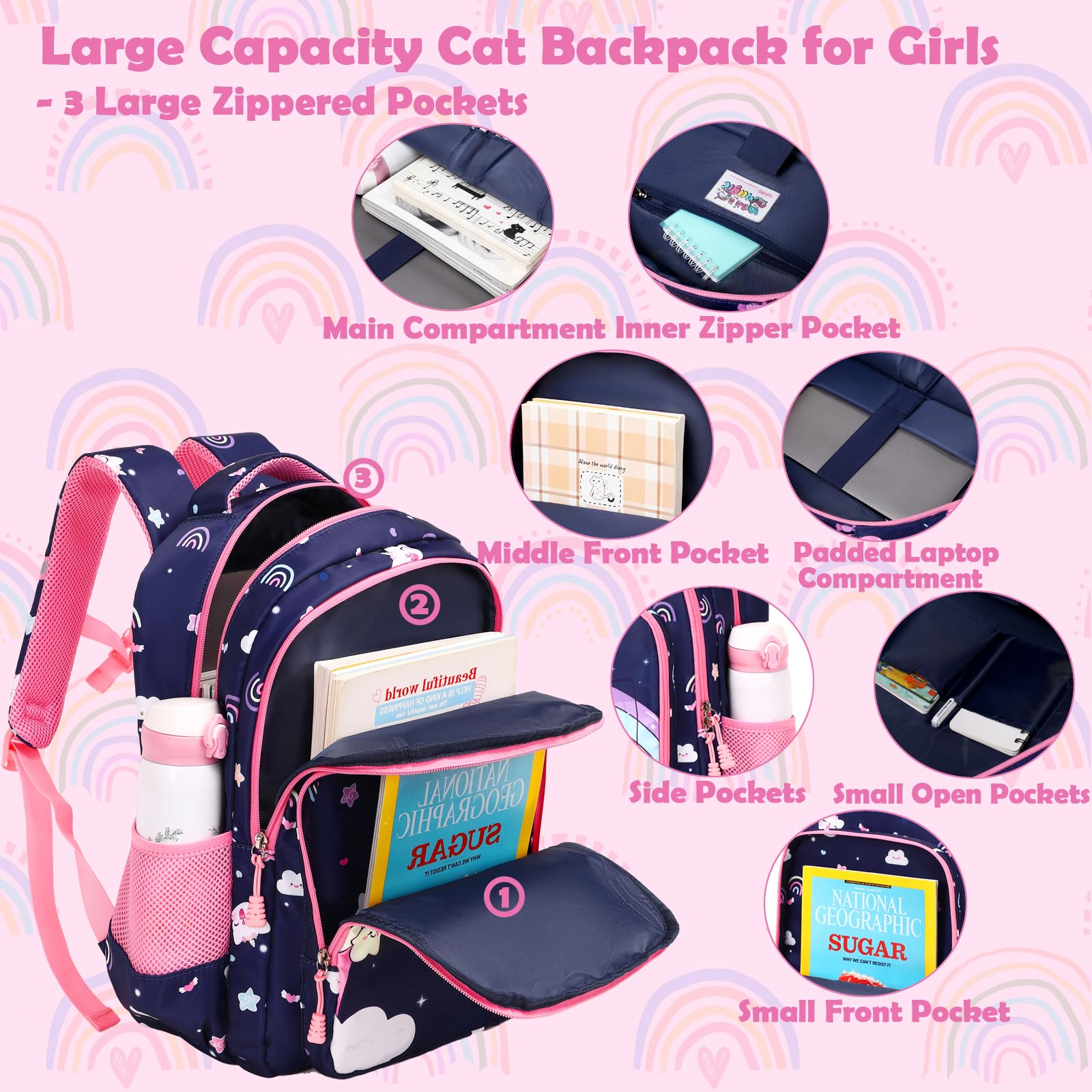 Kimwadalh Girls Backpack Set for School, Cute Rabbit School Backpack with Lunch Box Pencil Case & Chest Strap for Preschool Elementary