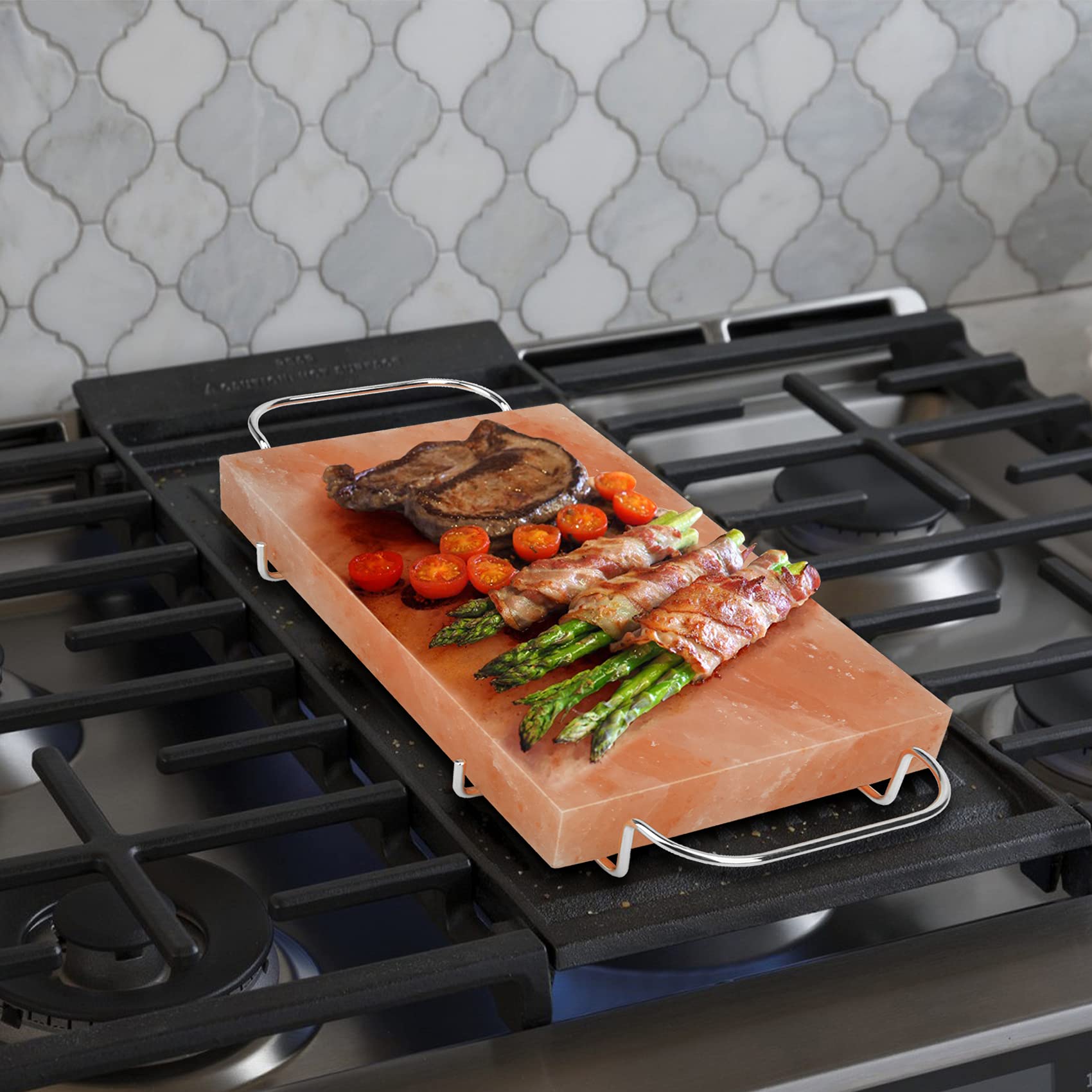 Onlyfire Himalayan Salt Block Cooking Plate with Steel Tray Set 12β x 8β x 1.5β for Cooking, Grilling, Cutting and Serving