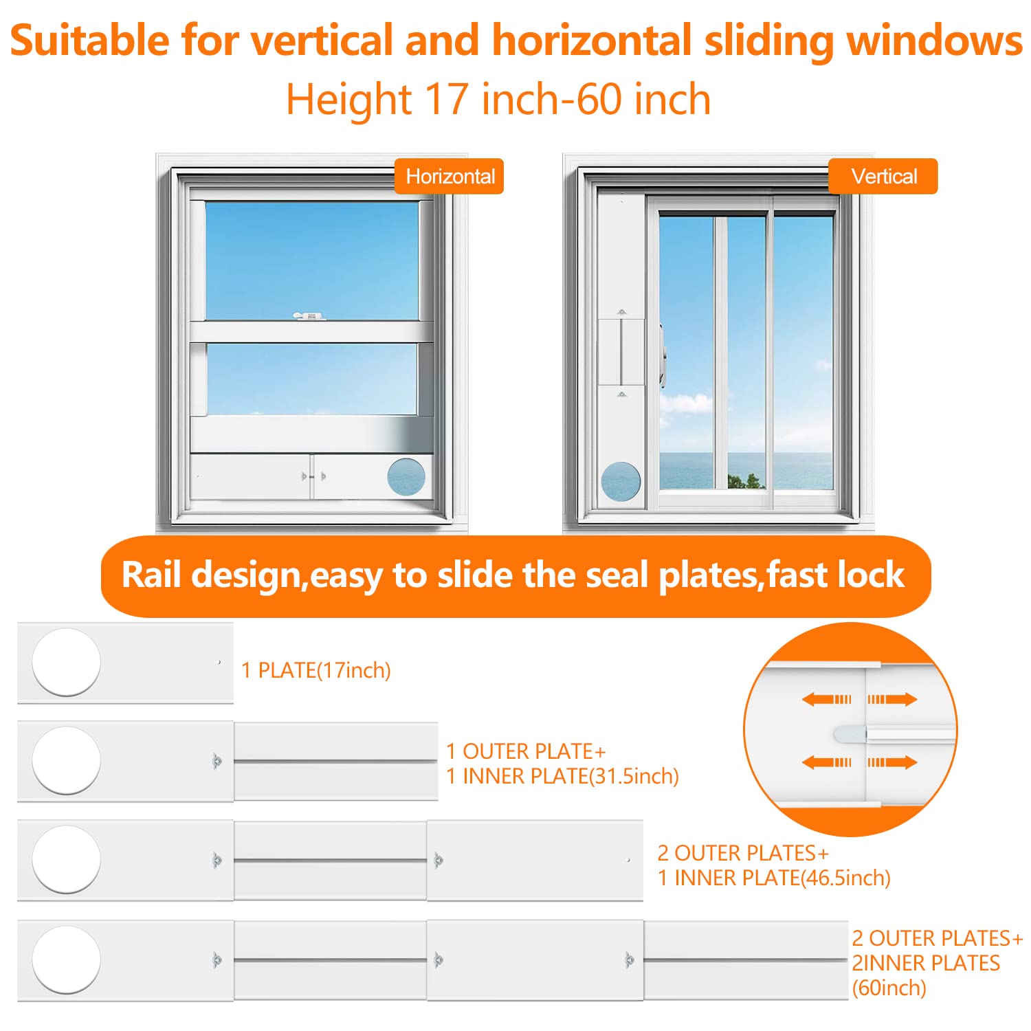 Luckman Portable AC Window Vent Kit for Vertical AC Unit,Sliding Window Seal Plates Kit Adjustable Length from 17" to 60",Air Conditioner AC Vent Kit for 5.9" Diameter Exhaust Hose(with Sealing Tape)
