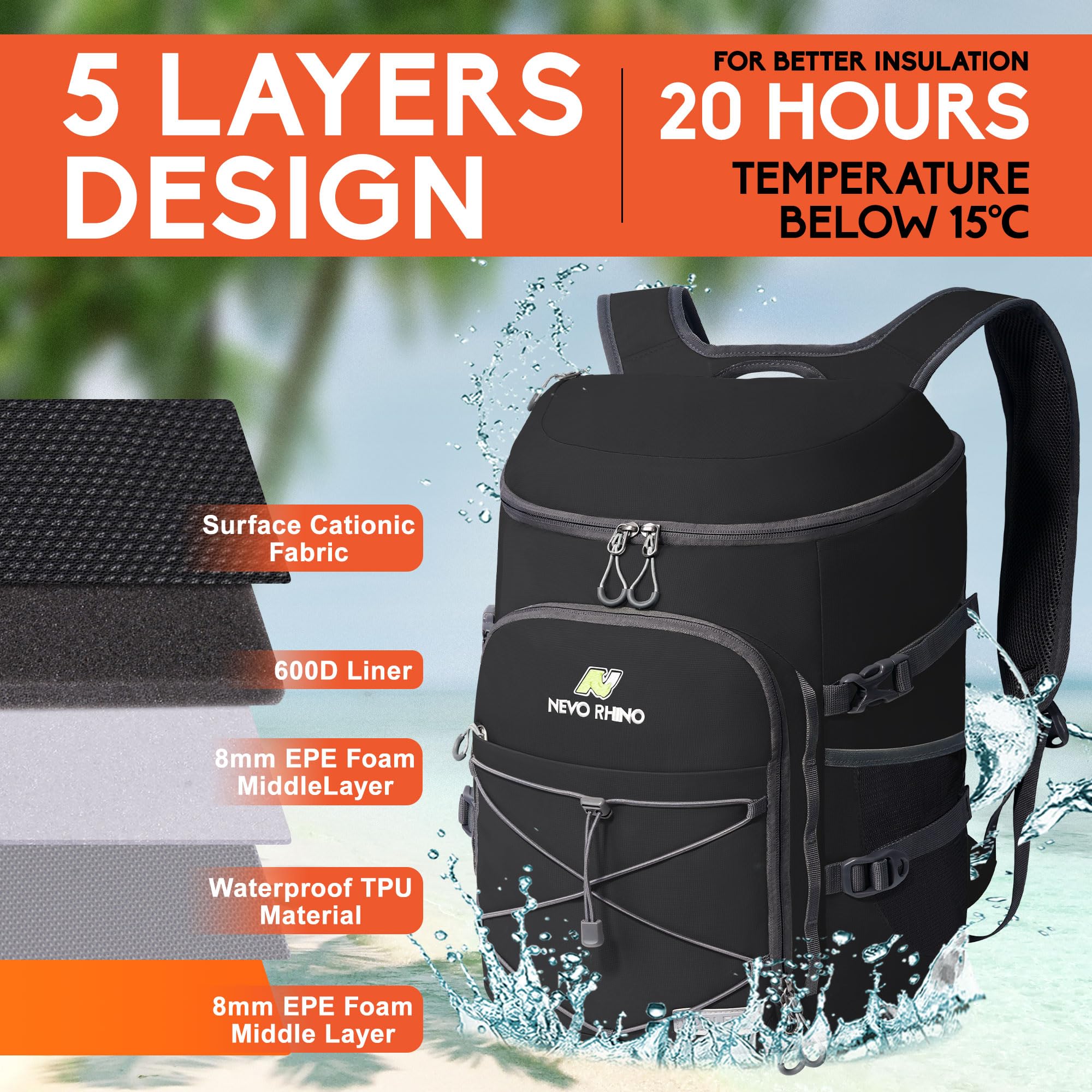 N NEVO RHINO Backpack Cooler, 36 Cans, Black, Nylon, Leakproof, Insulated, Large Capacity, Waterproof