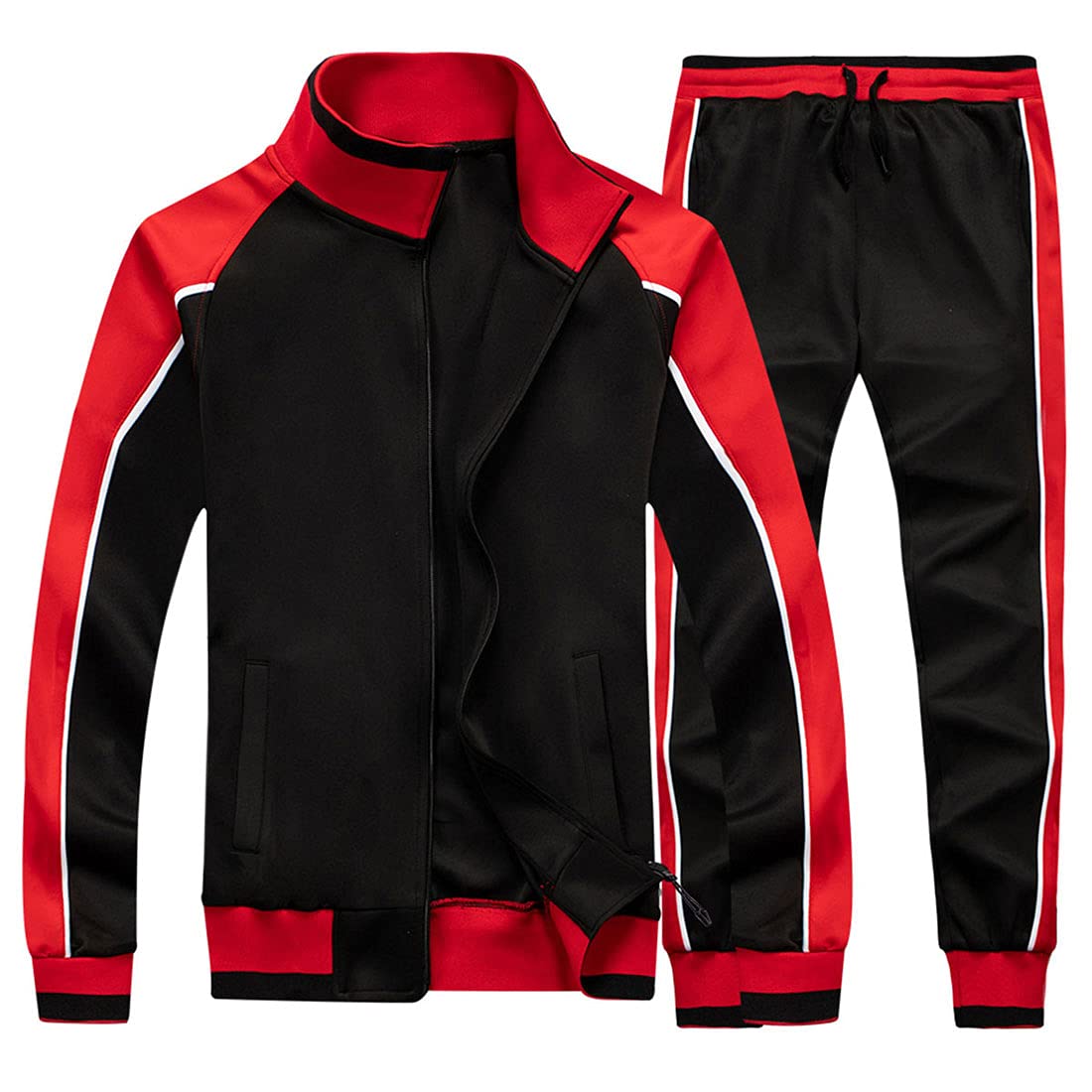 IXIMO Men's 2 Piece Tracksuit Full Zip Contrast Casual Sweatshirt & Jogger Sports Set Training Wear Black L