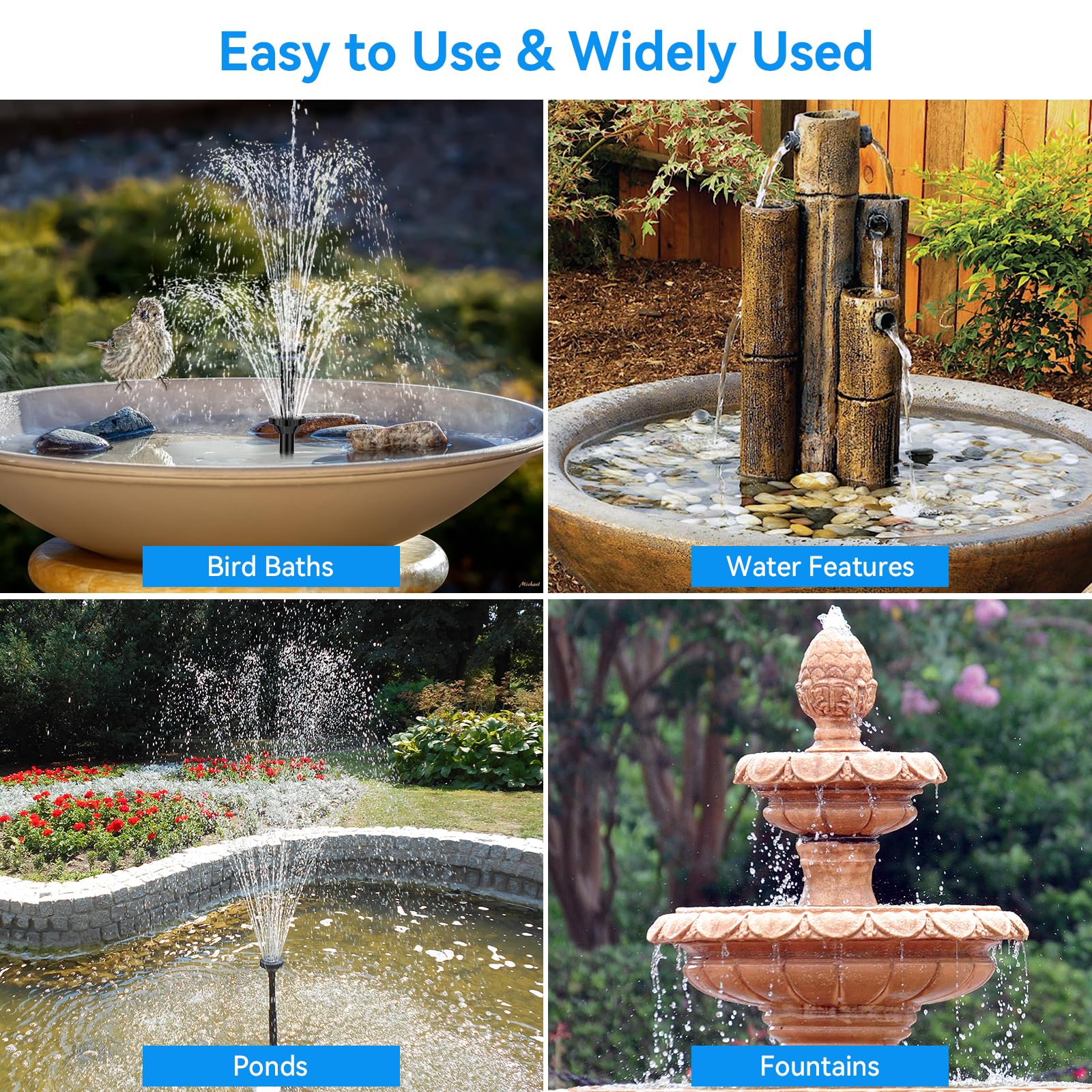 POPOSOAP Solar Fountain Pump with 3000mAh Battery Backup, 8W Solar Powered Bird Bath Fountain with Dry-run Protection & Double-layer Nozzles 5Ft Tubing for Pond, Bird Bath, Backyard Water Feature