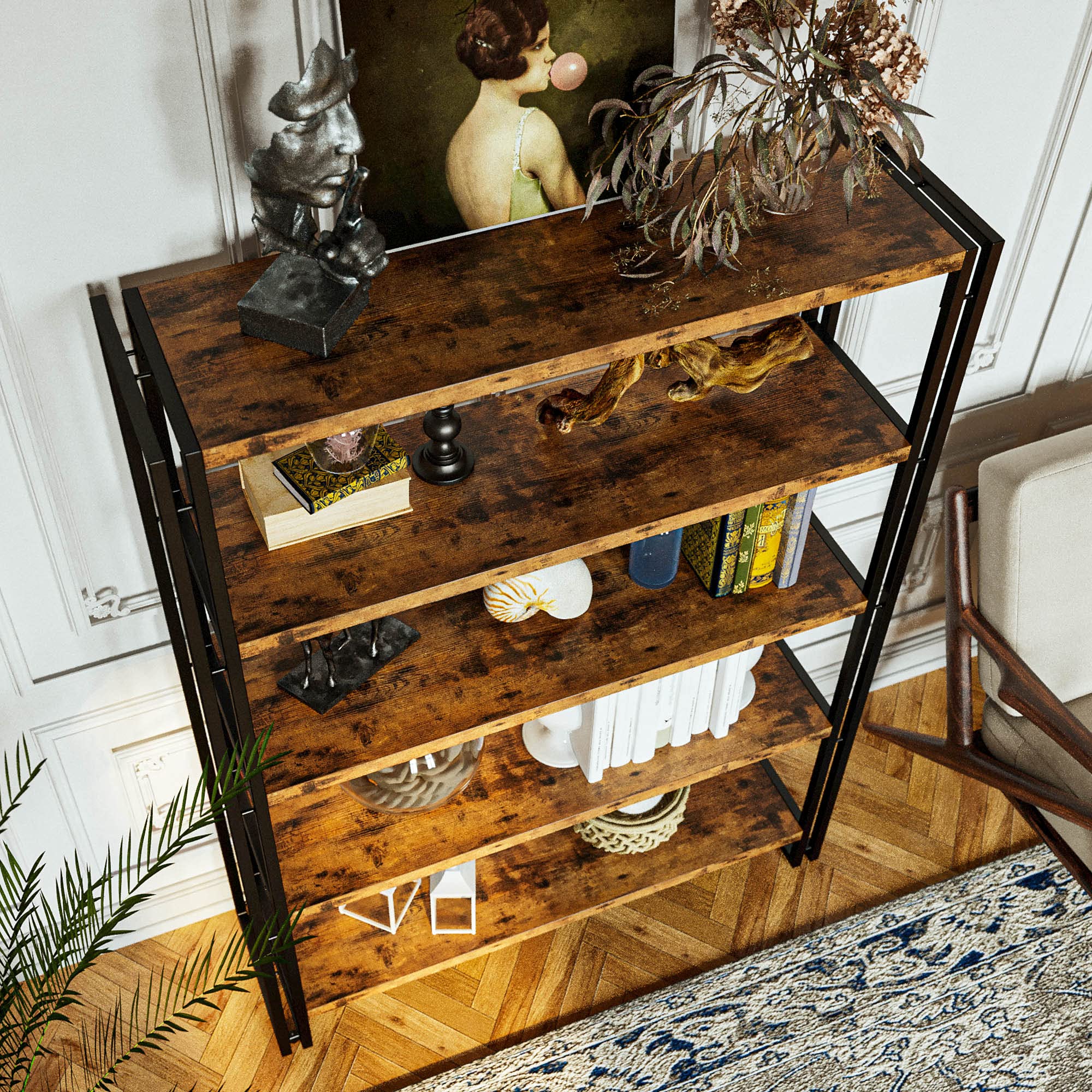 IRONCK Bookshelf and Bookcase 5 Tier, Wood and Metal Bookshelves Storage Shelves for Home Office, Sturdy Easy Assembly, Rustic Brown