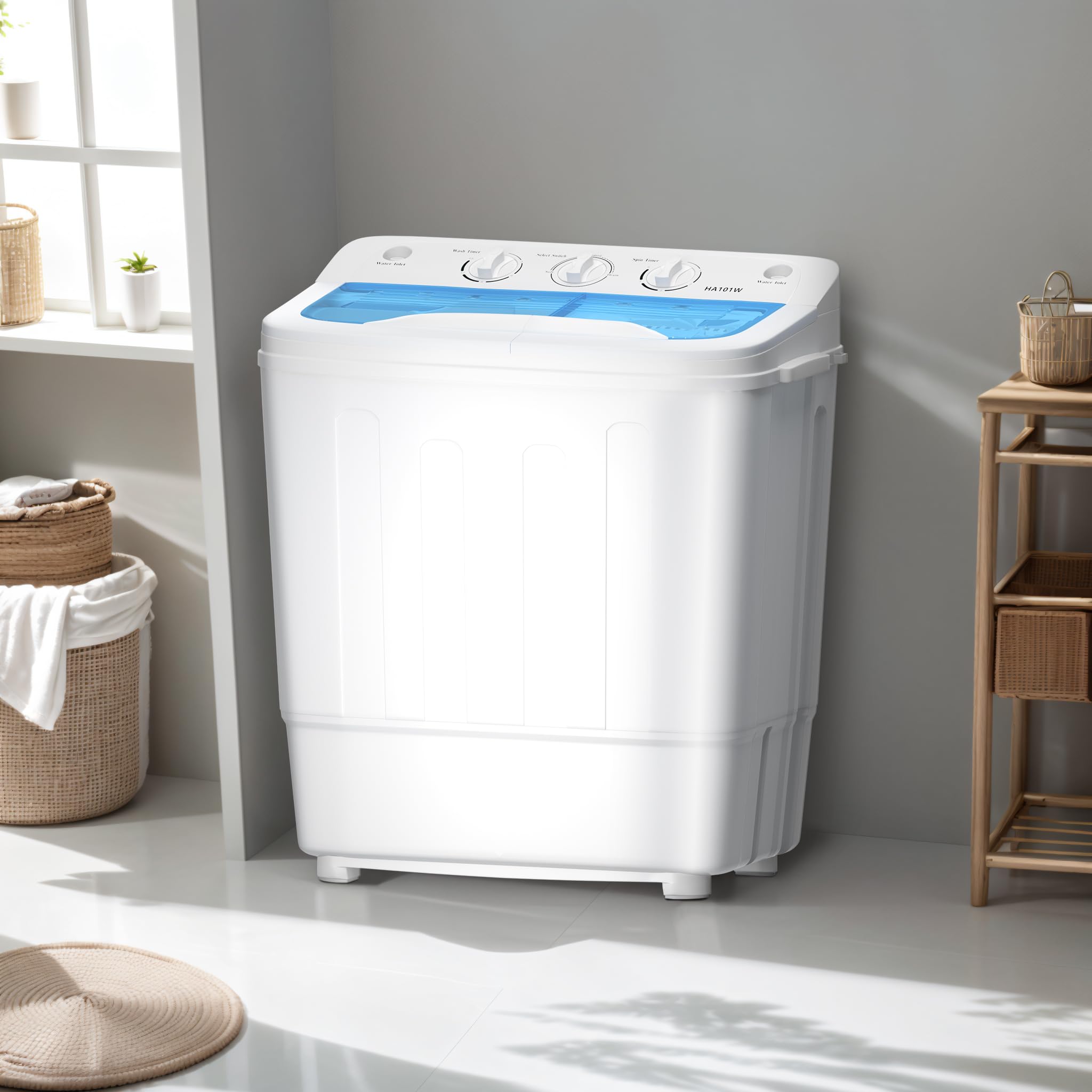 Sportpulse 18lbs Compact Mini Twin Tub Washing Machine with Drying Rack, 11lbs Portable Laundry Washer and 7lbs Spinner, Convenient and Efficient for Dorms, Apartment