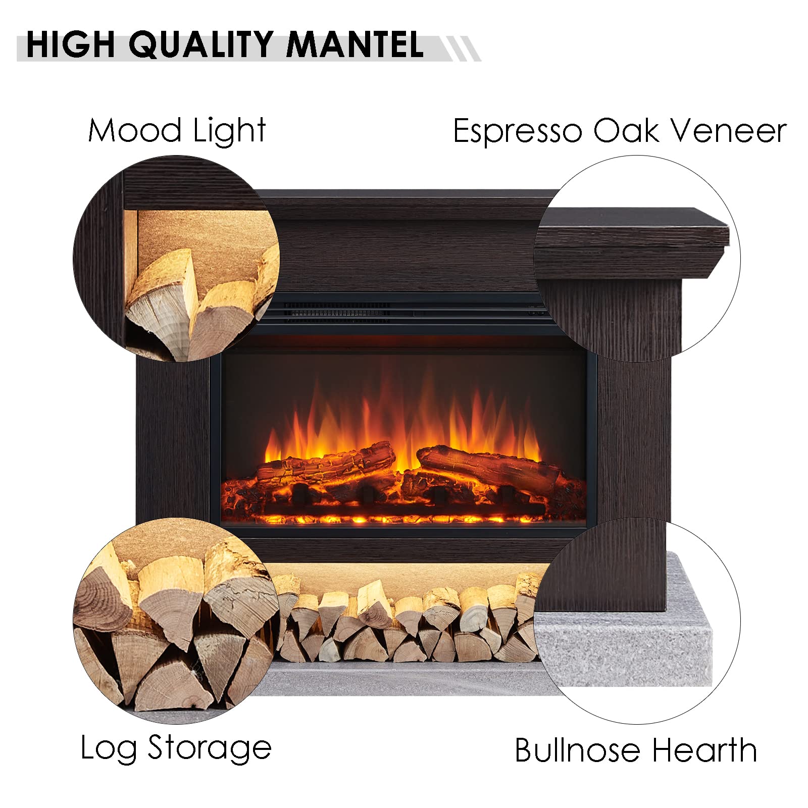 LegendFlame® Camille Electric Fireplace with 39.5" Mantel Surround and Jaden 27" Insert, Natural Oak Finish