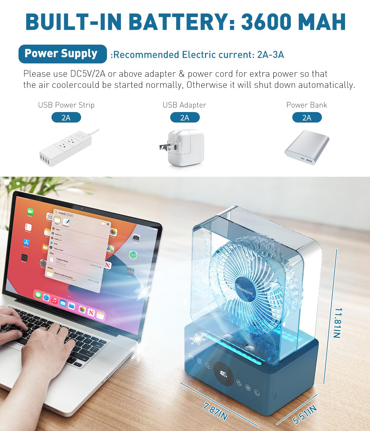 Portable Air Conditioner Cooling Fan with 3600mah battery, Quiet with 3 Speeds, 1000ml Evaporative Personal Air Cooler Fan with Mist, 8H Timer, 4 LED mode, Small Air Conditioner for Bedroom Office
