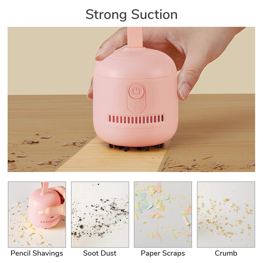 JISULIFE Mini Desk Vacuum Cleaner, Portable Table High Suction Vacuum, Desktop Cordless Vacuum with 2 AA Batteries up to 400 mins, Small Tabletop Vacuum for Home, Office, School - Pink