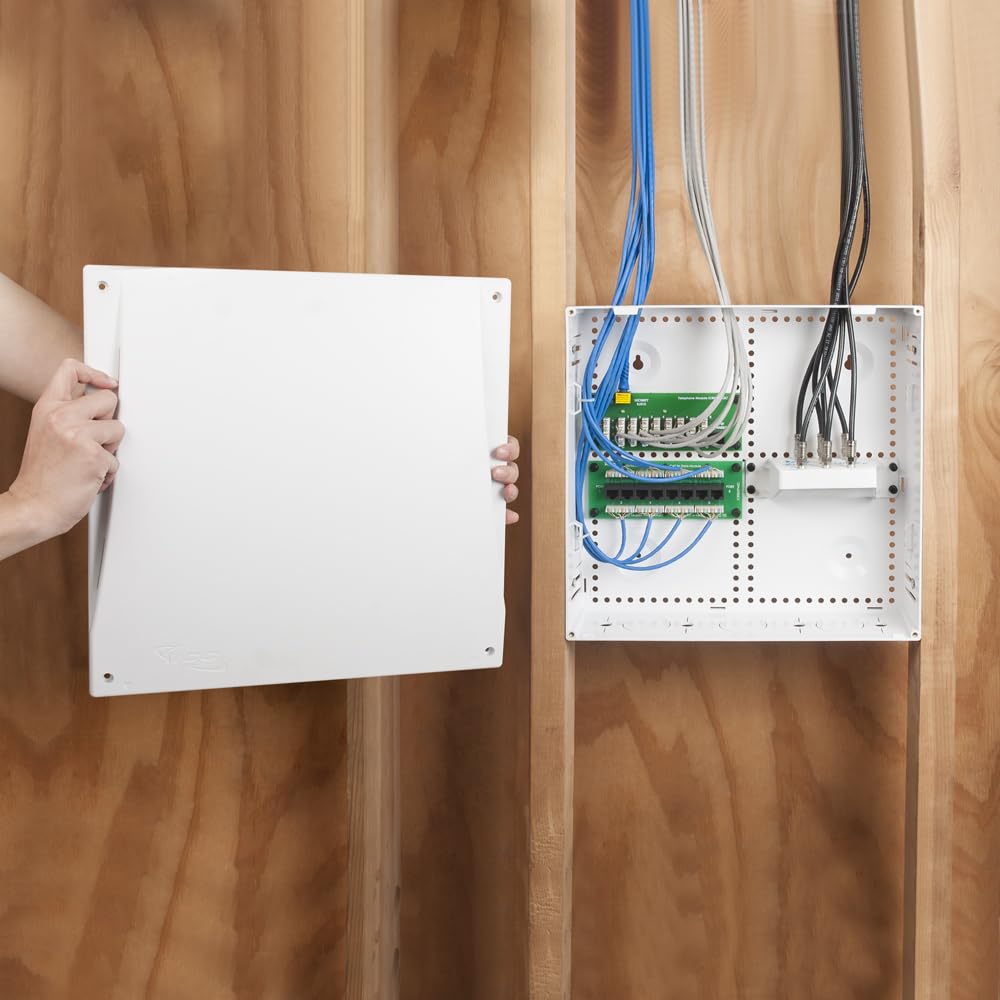 ICC 14” Plastic Structured Wiring Enclosure, Media Enclosure with Voice, Data, and Video Modules with Cover, Recessed Wall Box for Distribution of Networking Services, White