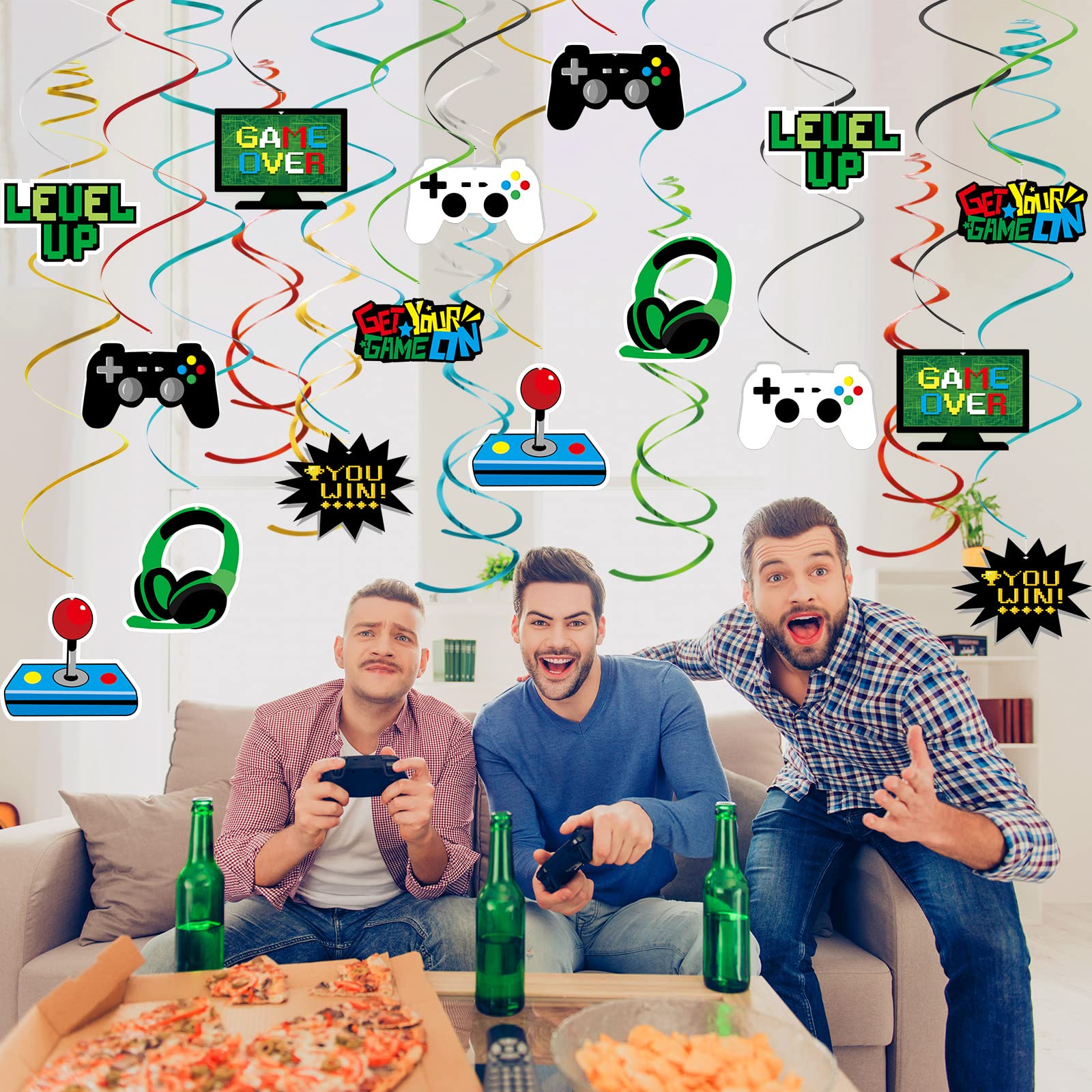 MIAHART 34 Pieces Video Game Party Hanging Swirls Decorations Foil Ceiling Streamers for Video Game Themed Birthday Party Decorations