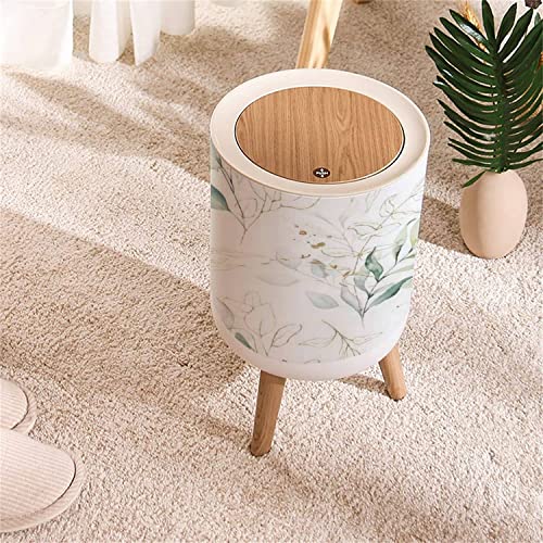 Small Round Trash Can Watercolor Floral Botanical Green Gold Leaves Branches Recycle Bins with Press Top Lid Dog Proof Wastebasket for Kitchen Bathroom Bedroom Office 7L/1.8 Gallon