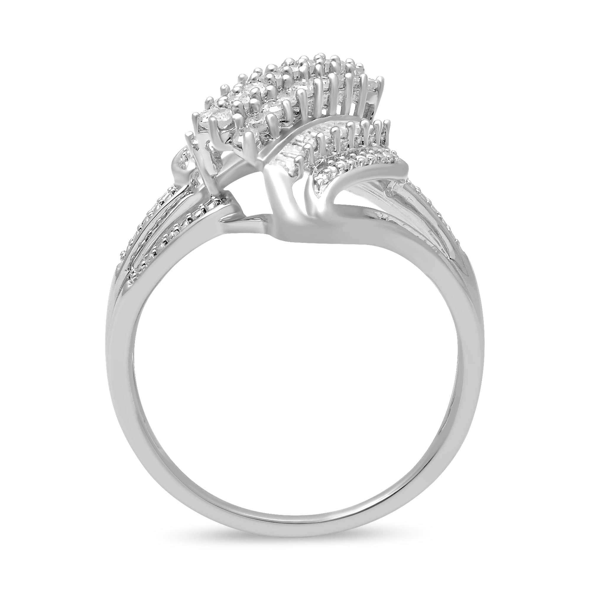 Jewelili Sterling Silver 1/2 Cttw Natural White Round and Baguette Shape Diamonds Ring, Size 8