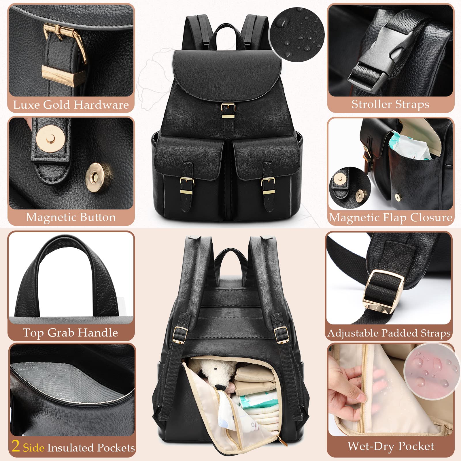 Omanmoli Diaper Bag Backpack Baby Diaper Bag, Leather Diaper Bag, Diaper Bag Organizer with 12 Organizing Pouches,Changing Pad,Shoulder Straps,Stroller Straps(Black)