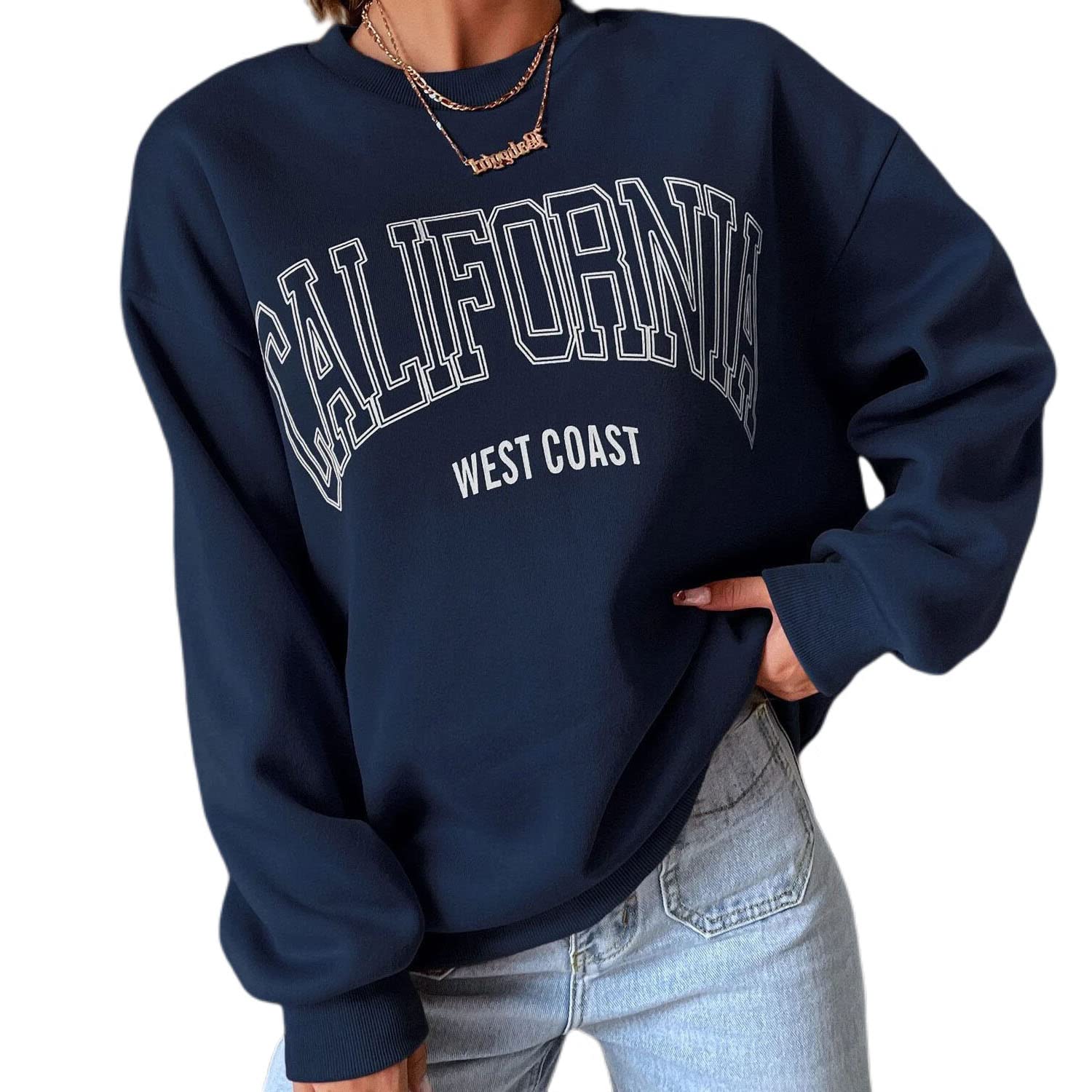 Mutumobo Women Oversized California Letter Graphic Fleece Sweatshirt Long Sleeve Crewneck Drop Shoulder Pullover Jumper Navy Blue