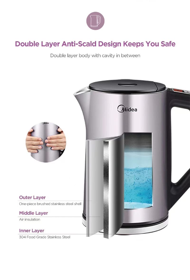Midea Double Wall Steel Kettle with Temperature Control, 1.5L, CoolTouch Electric Kettle MK-HE1504W1