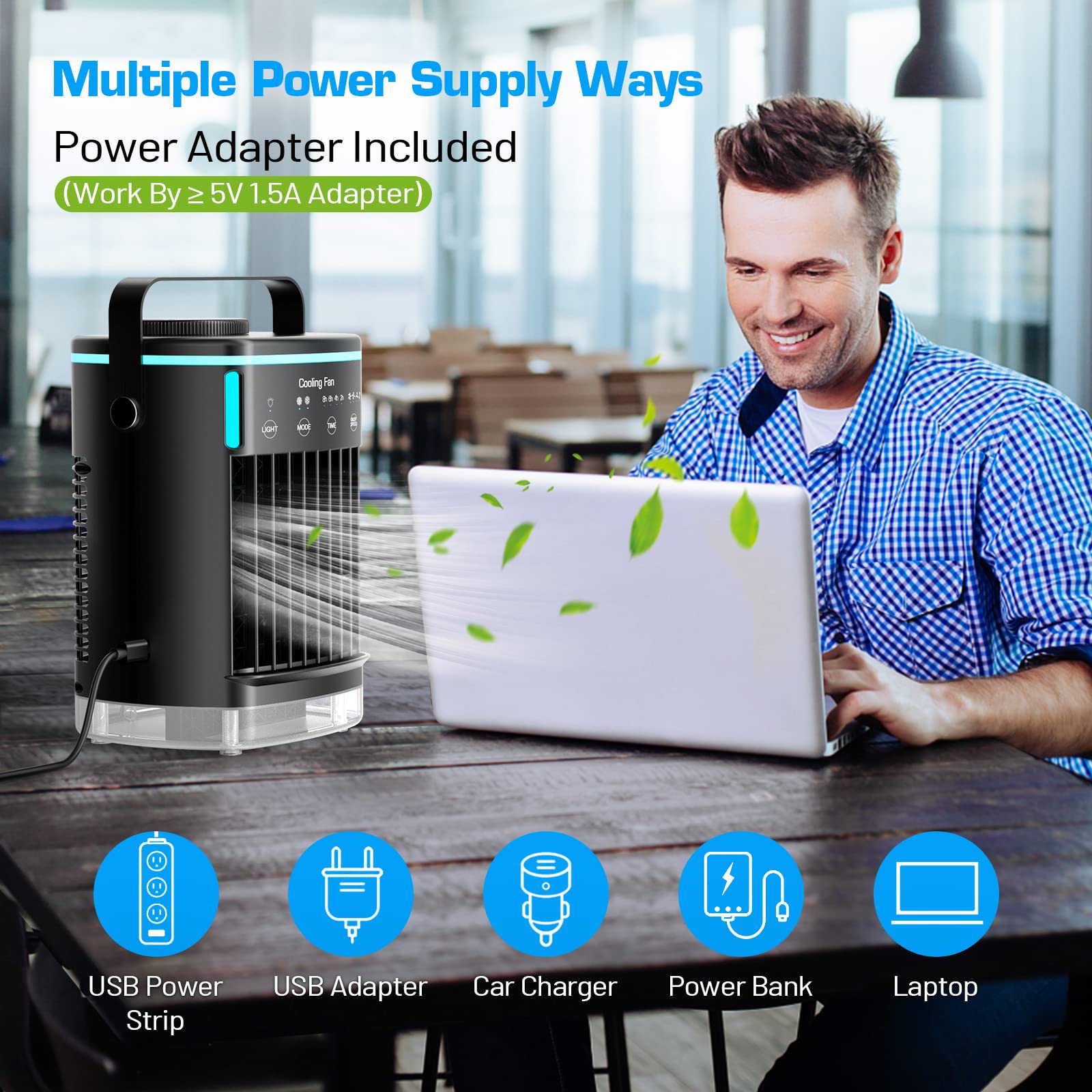 Portable Air Conditioners, Personal Cooling Fan Air Conditioner Portable with 4 Wind Speed & 2 Mist Level & 2-8H Timer & 7 LED Light Mini Evaporative Air Cooler for Home Office Room, Black