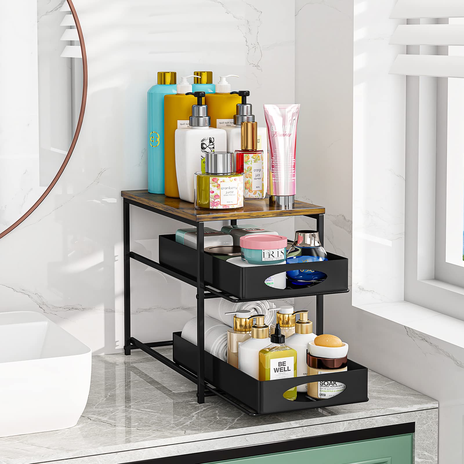 LEGUANG Under Sink Organizer with Tabletop, Under Sliding Cabinet Basket Organizer, Bathroom Storage Rack with Sliding Drawers, Mesh