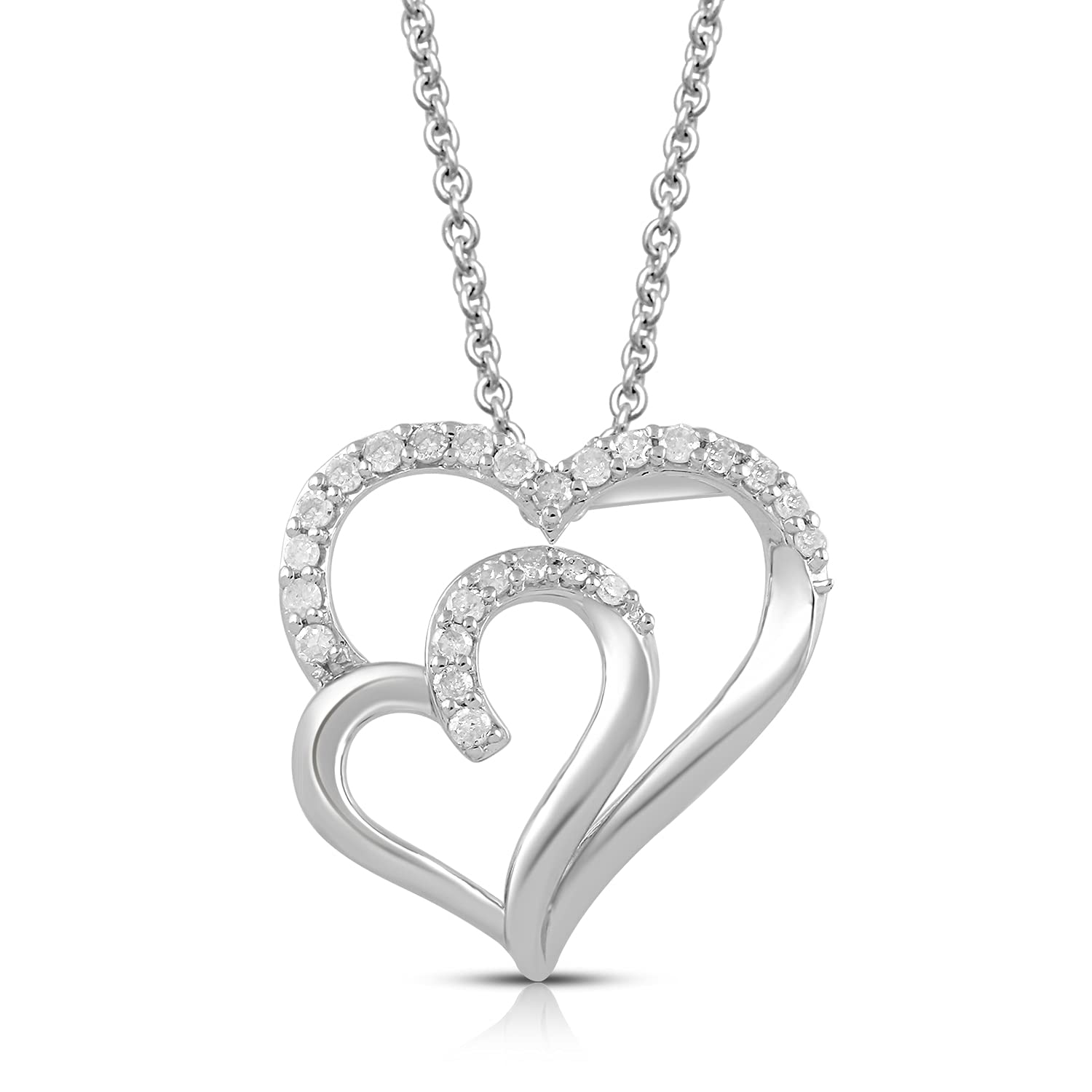 Jewelili Sterling Silver 1/4 Cttw Natural White Round Diamond Double Heart Pendant Necklace, 18" Cable Chain