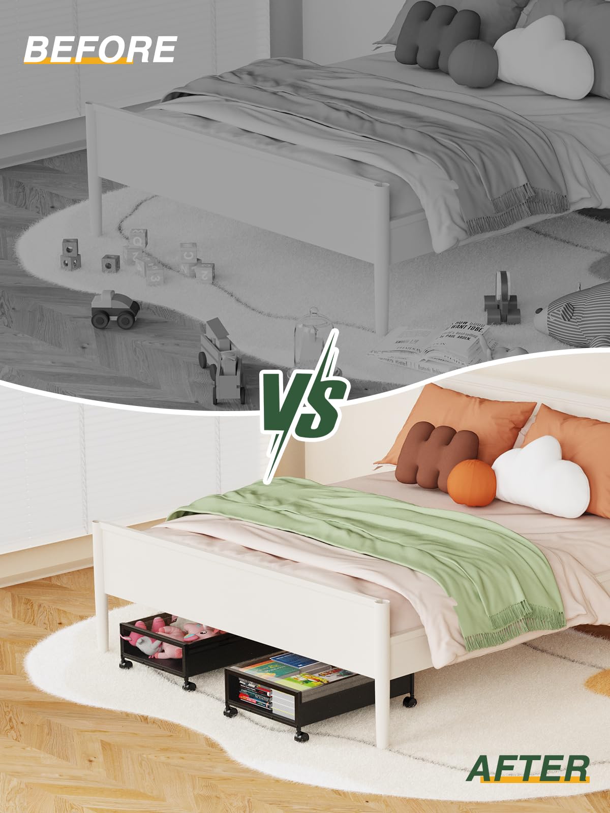 LEHOM Under Bed Storage with Wheels, Plastic Underbed Bins with Sturdy Metal Tubes Rolling Under Bed Drawer Storage Container with Window and Handle for Bedding, Clothes, Blanket, Shoes (2 Pack metal)