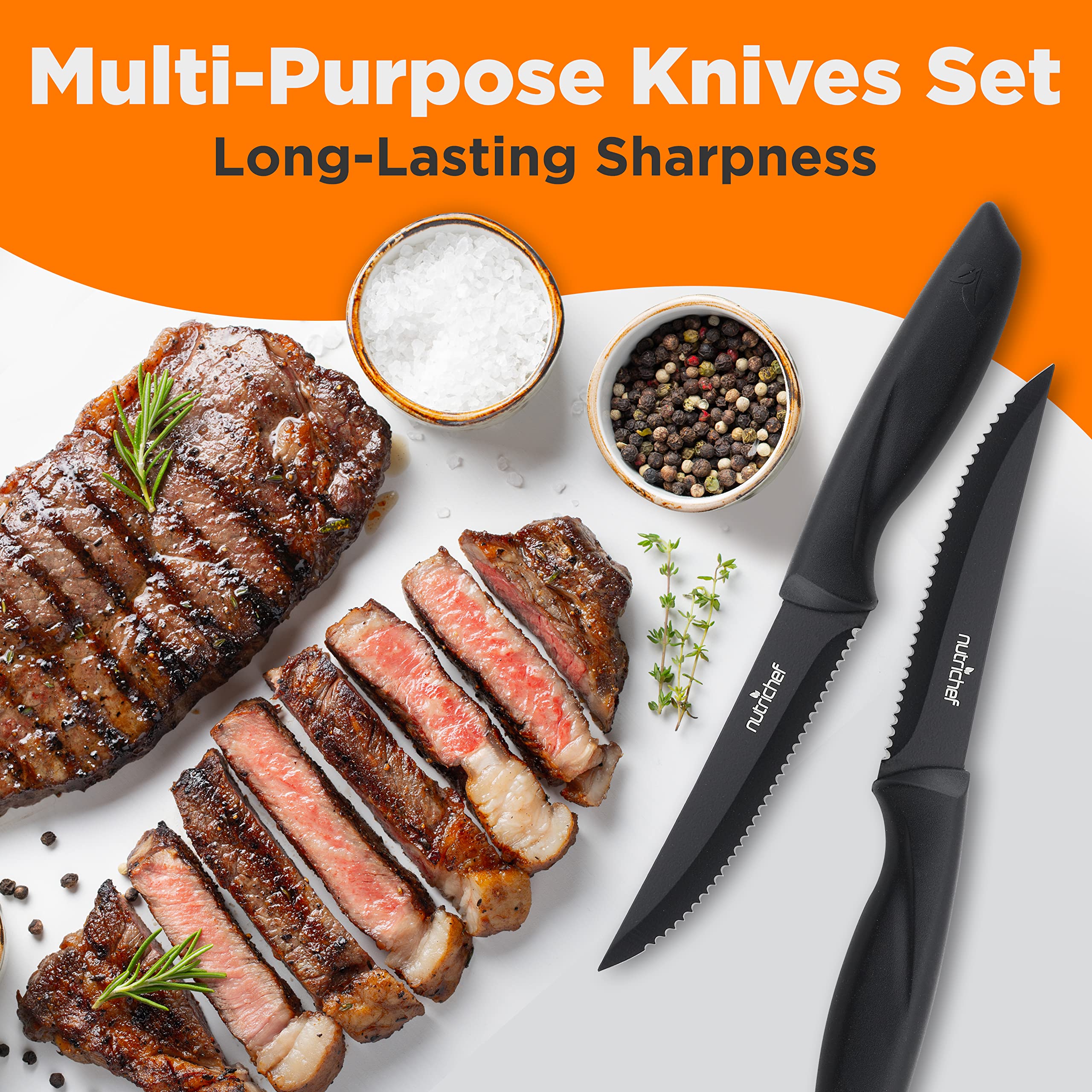 NutriChef Steak Knife Set of 8 - Premium Serrated Stainless Steel Kitchen Knife Set - Ergonomic Design, Sharp Blades, Non-Stick, & Rust-Resistant - Perfect for Home, BBQ's & Restaurants Black