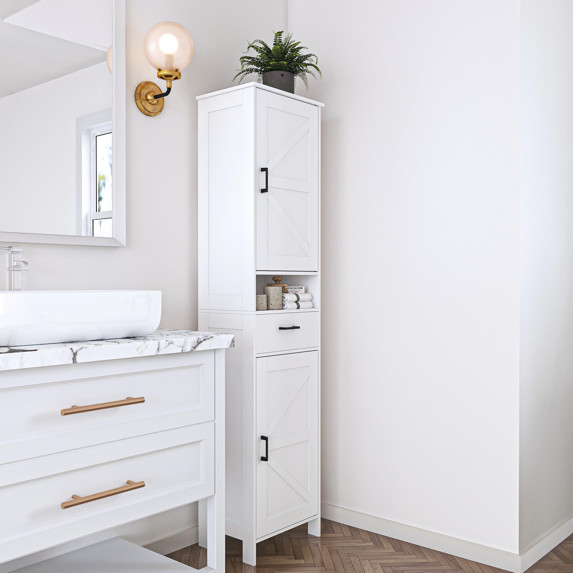 Homhedy 67" H Tall Bathroom Storage Cabinet with 2 Barn Doors and 1 Drawer,Storage Cabinet, Adjustable Shelves,Floor Cabinet for Bathroom, Living Room, Entryway, Kitchen, White