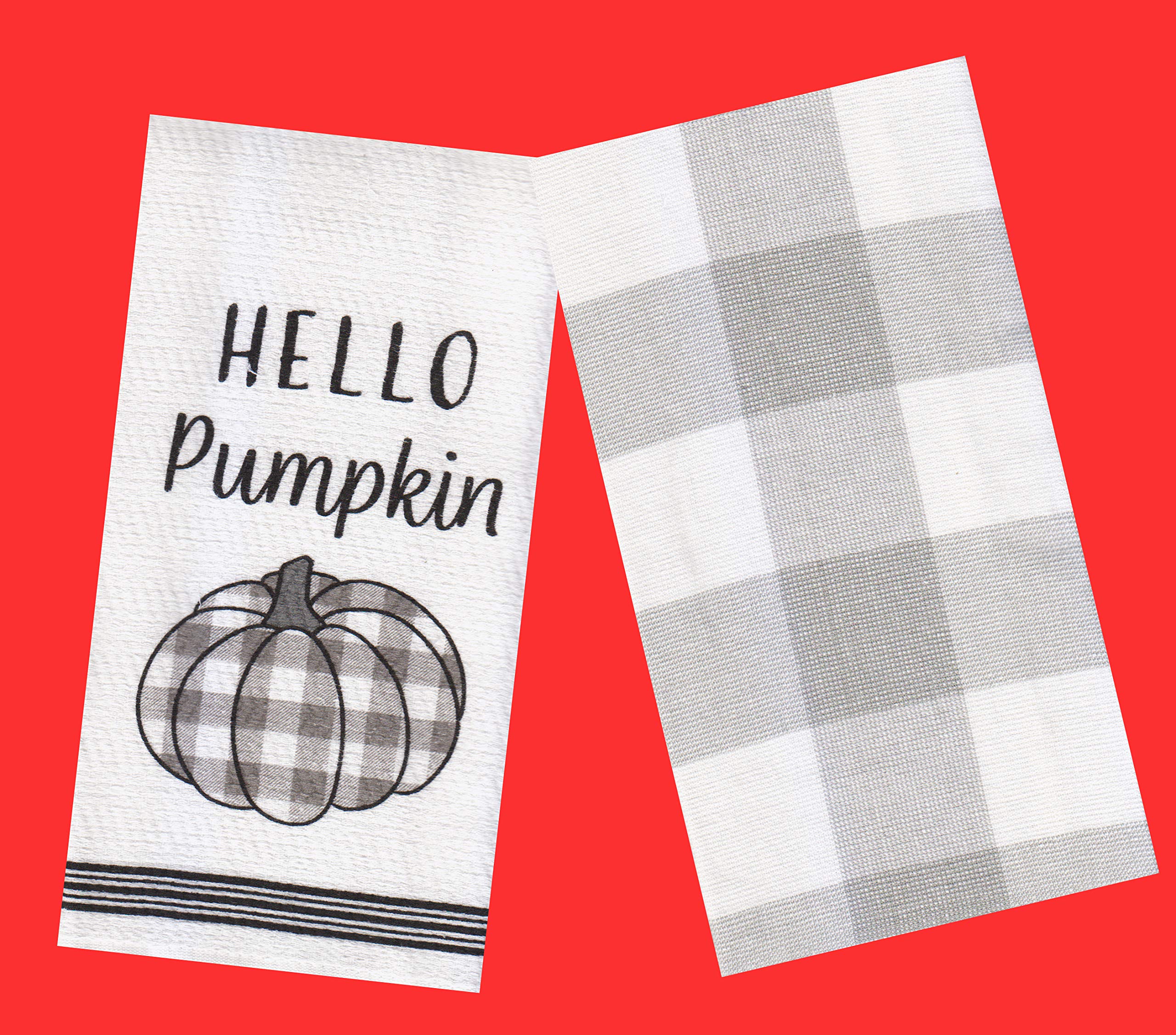 Mainstream Hello Pumpkin Kitchen Hand Towels, Grey and White Checked Buffalo Plaid, Set of 2 Coordinating Cotton Dishtowels for Fall and Thanksgiving Decorating, 16 x 26 inches
