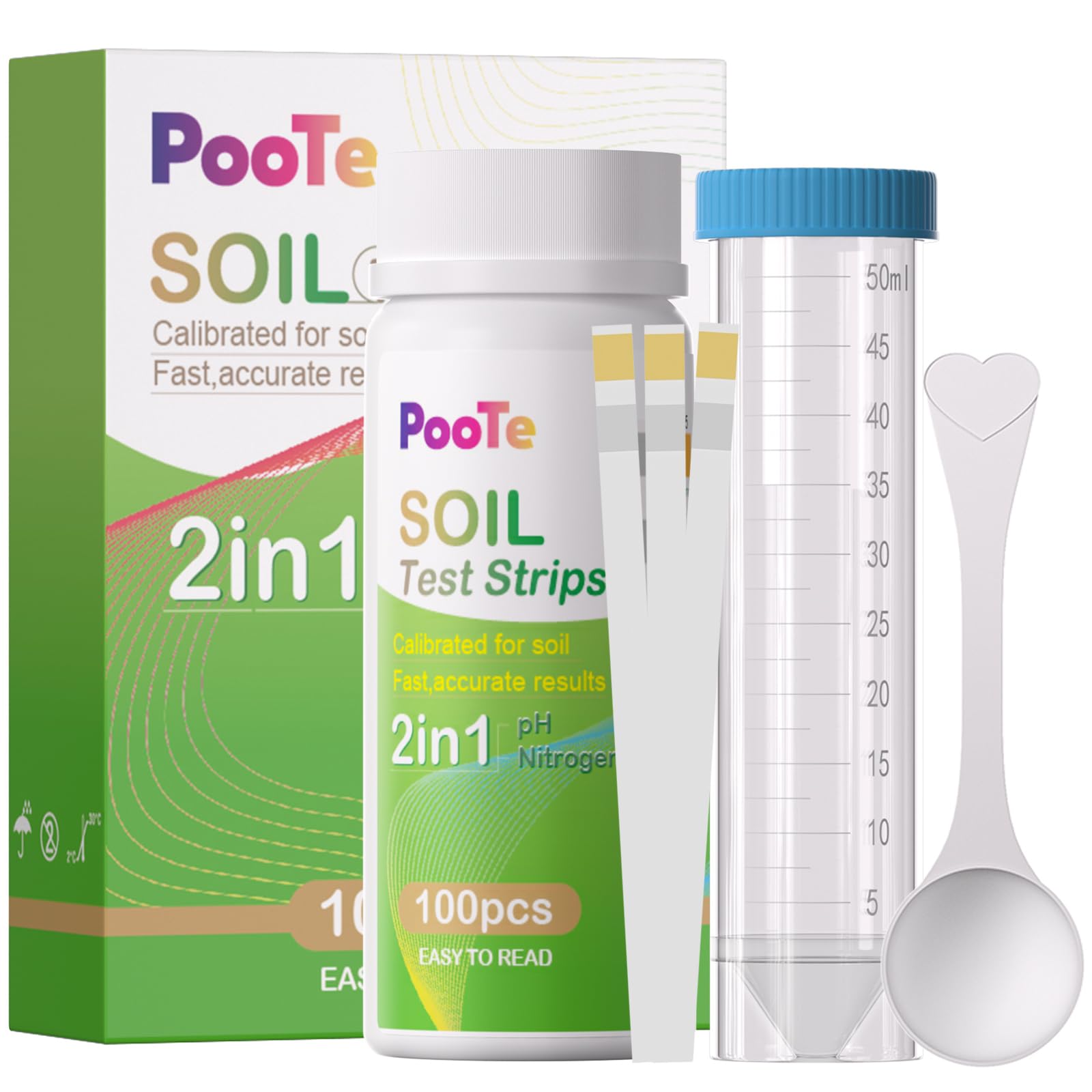 PooTe Soil pH Test Kit - 100 Strips 2-in-1 Soil Testing Kit (3.5-9 Range) with Plastic Tube - Professional Tester Soil Nitrogen & pH for Garden Home Lawn Grass Yard, Green