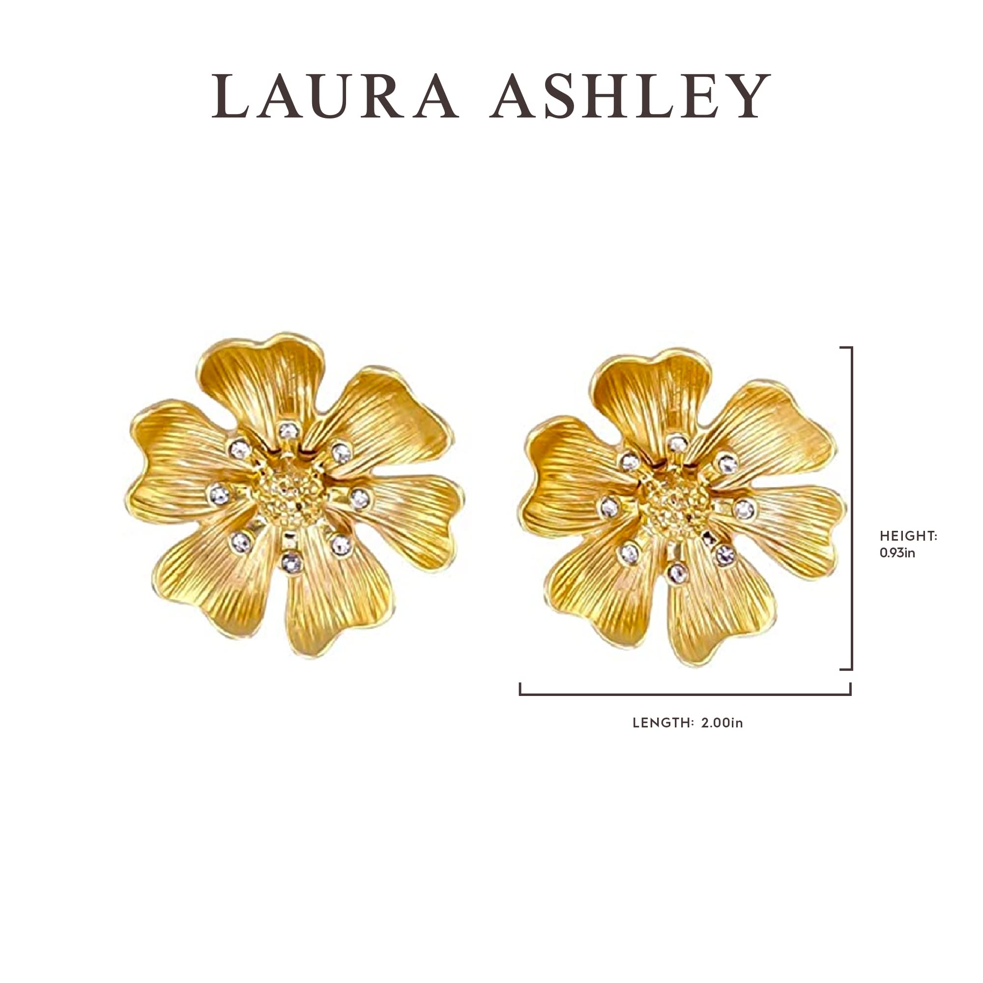 Laura Ashley Womens Jewelry Gold Large Flower Stud Floral Earrings with Crystal