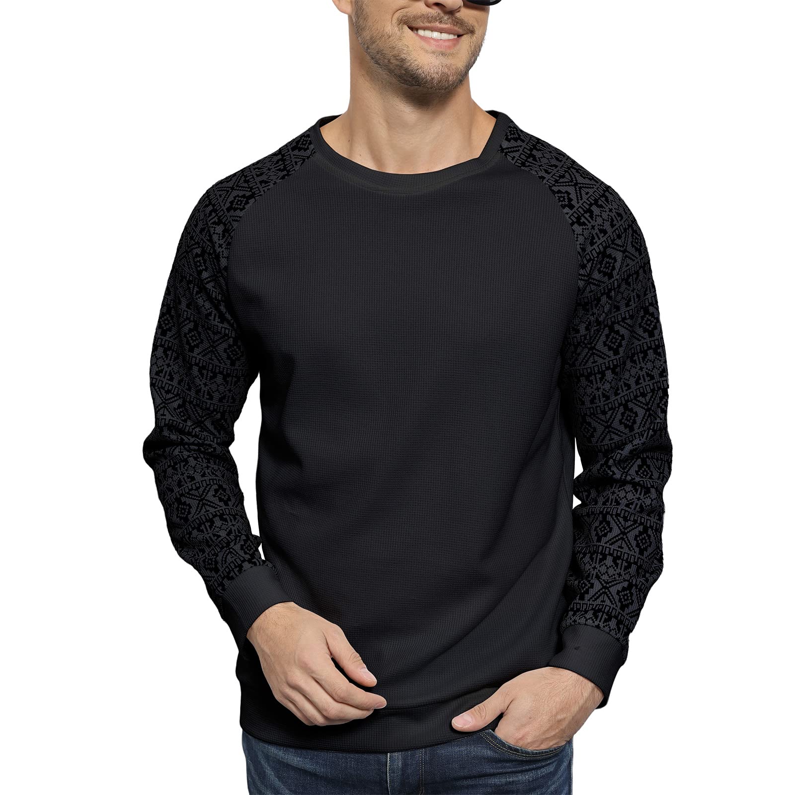 PICKLION Mens Waffle Pullover Shirts Slim Fit Casual Crew Neck Knitted Long Sleeve T-Shirts Black