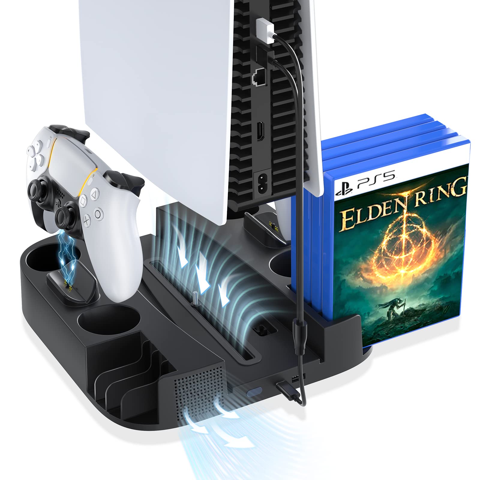LVFAN PS5 Stand / PS5 Controller Charging Station, PS5 Accessories for Playstation 5 Digital & Disc Edition, PS5 Console Cooling Station with 3 Levels Adjustable Fan Speed, 8 x PS5 Games Slots β Black