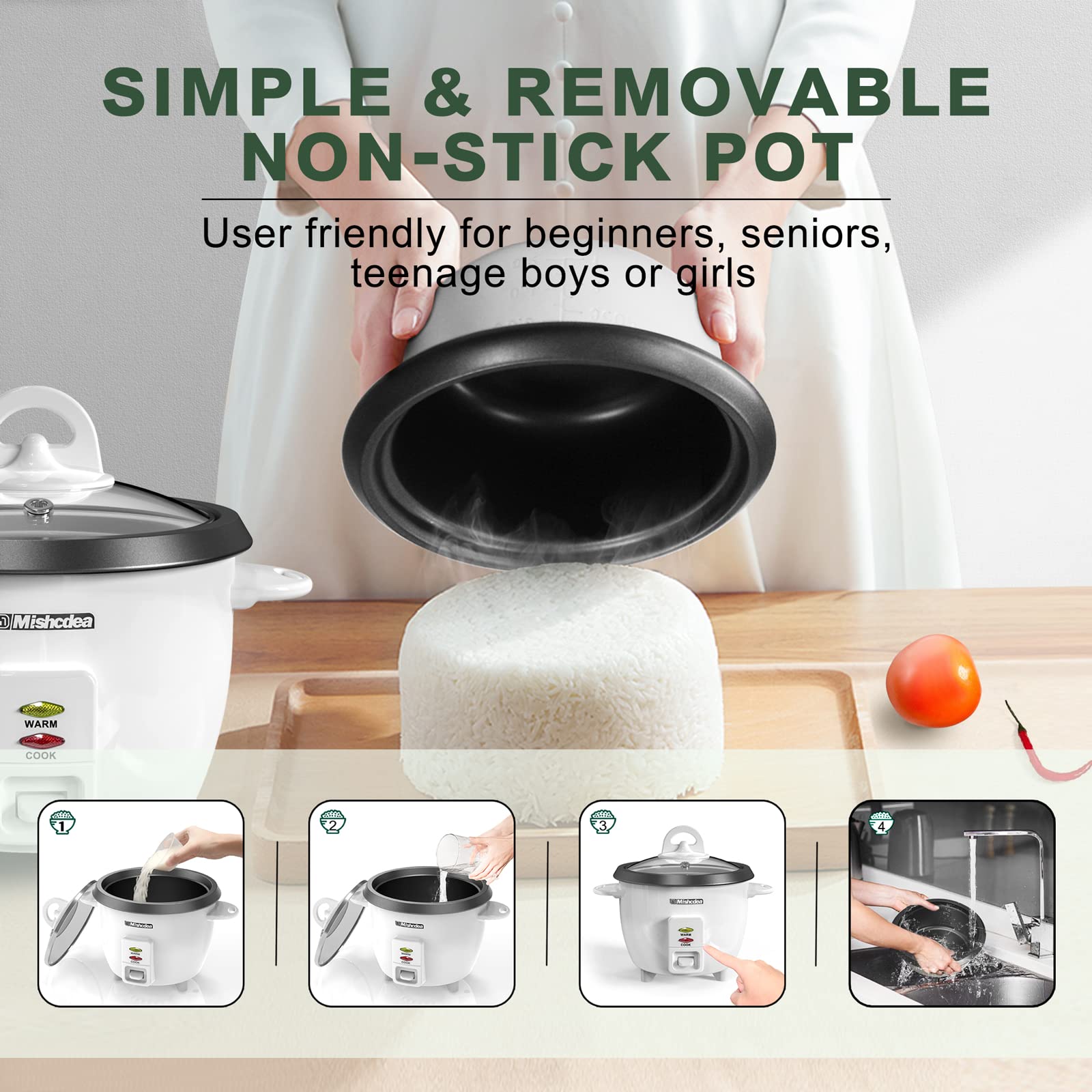 Mishcdea Rice Cooker 10 Cups Uncooked & Food Steamer (20 Cooked), Electric Rice Cooker Fast Cooking With Keep Warm, Removable Non-stick Pot, All-In-One Cooker for Grains, Soups, Oatmeal or Veggies - Black