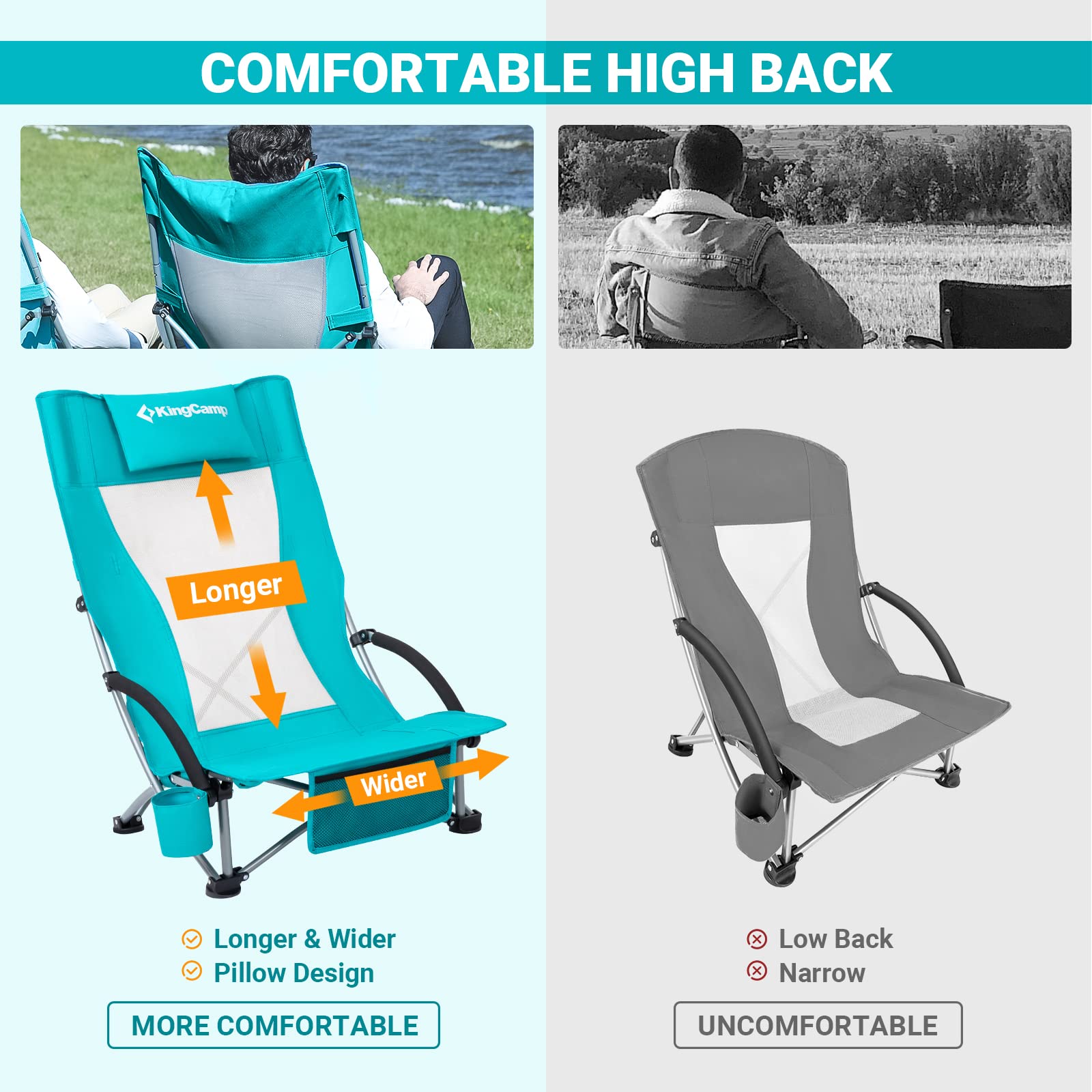 KingCamp High Back Low Seat Folding Beach Chair, Lightweight Backpack Beach Chairs for Adults with Padded Armrest & Cup Holder, Mesh Back Sand Chairs for Beach,Camping,BBQ,Outdoor Travel, Easy Carry